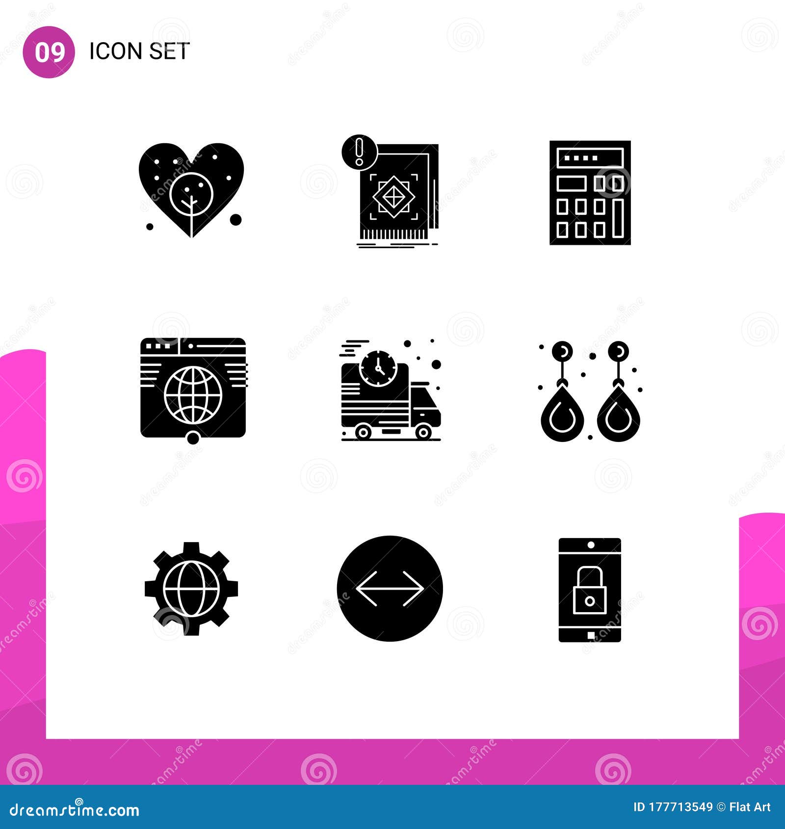 Set of 9 Vector Solid Glyphs on Grid for Delivery, Website, Calculator ...
