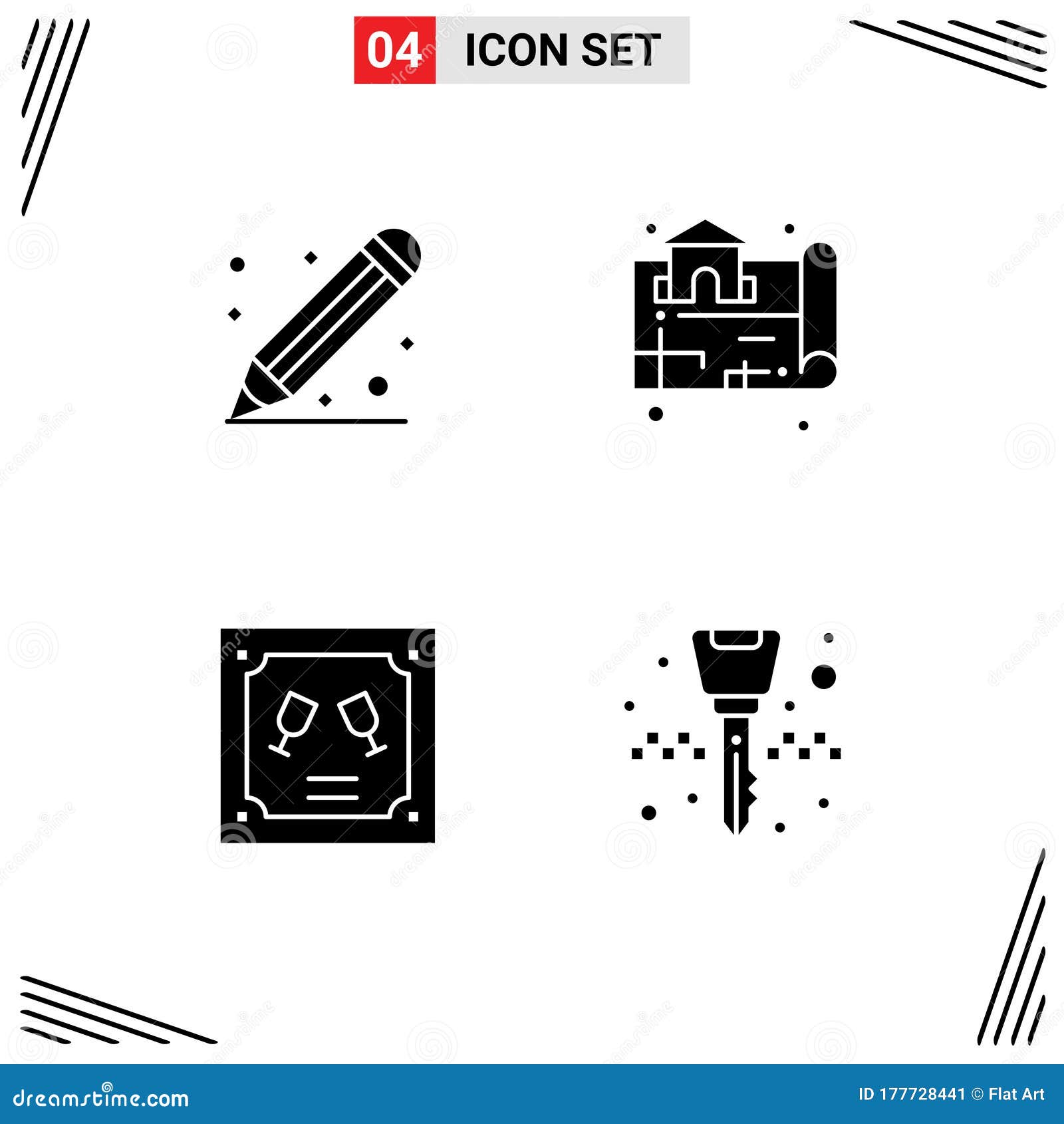 Set of 4 Vector Solid Glyphs on Grid for Education, Envelope, Pencil ...