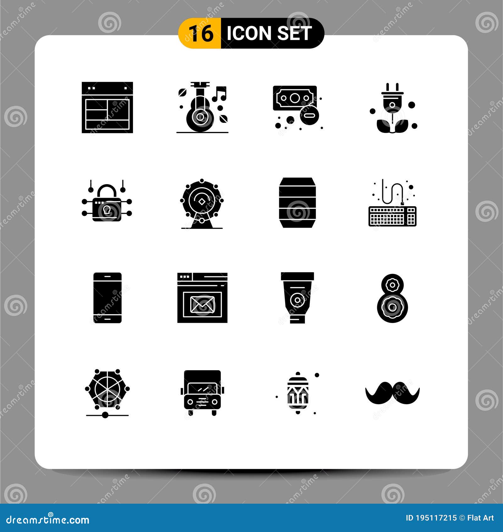 Set of 16 Vector Solid Glyphs on Grid for Science, Tree, Medicine, Plug ...