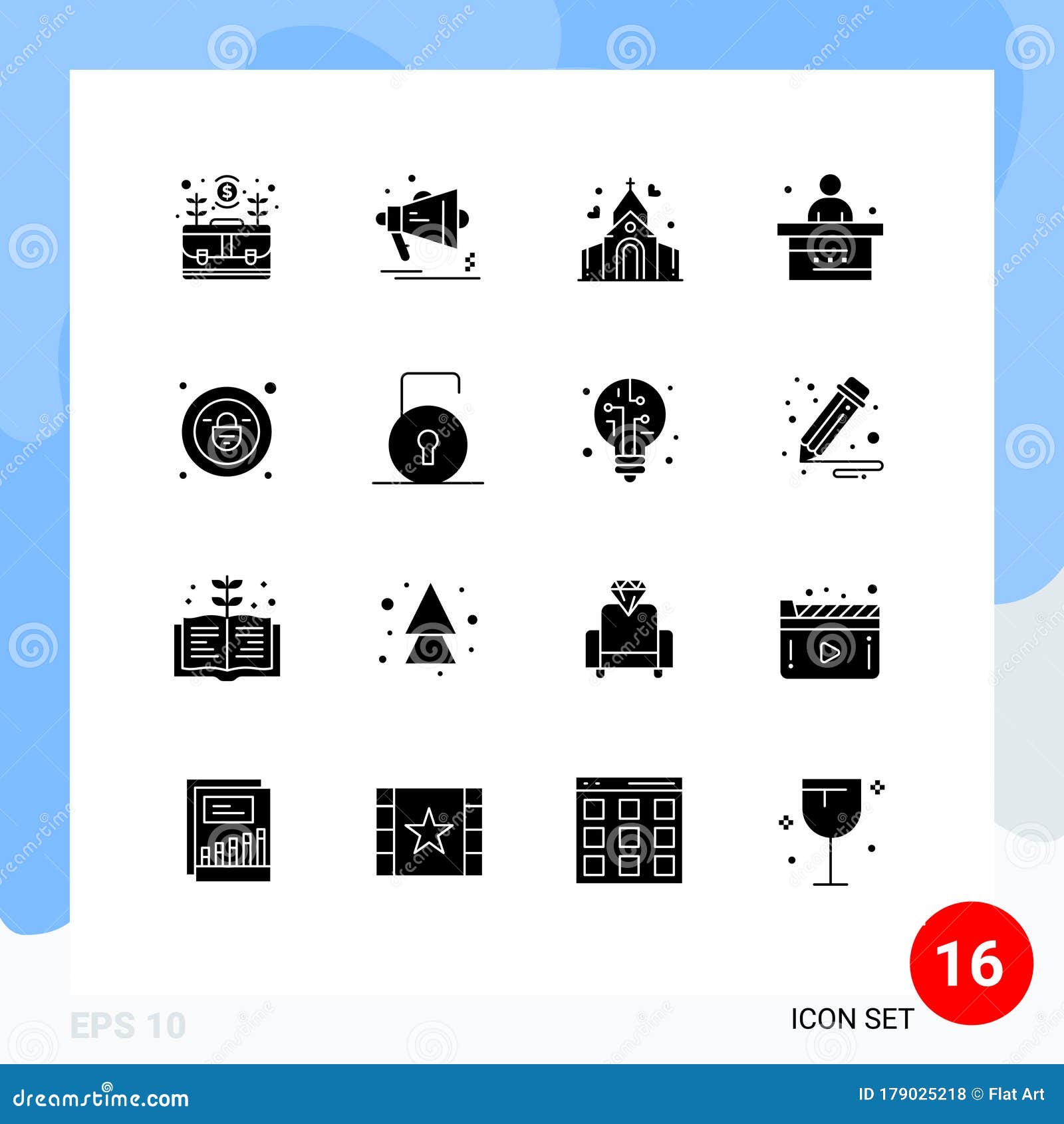 Set of 16 Vector Solid Glyphs on Grid for Student, Desk, Announcement ...