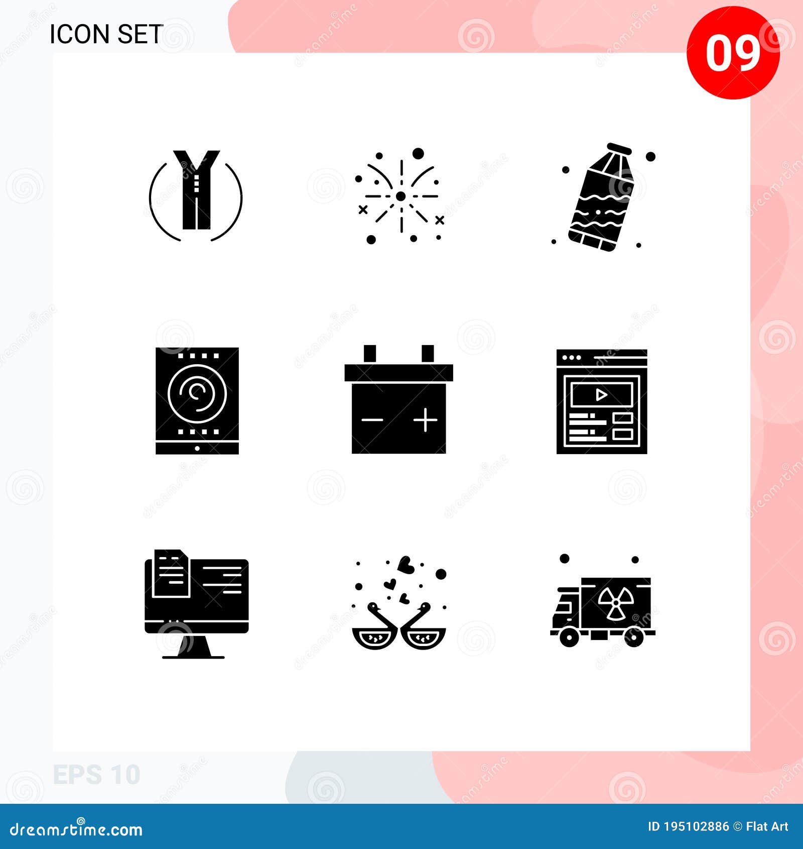 Group of 9 Solid Glyphs Signs and Symbols for Video, Battery, Pollution ...