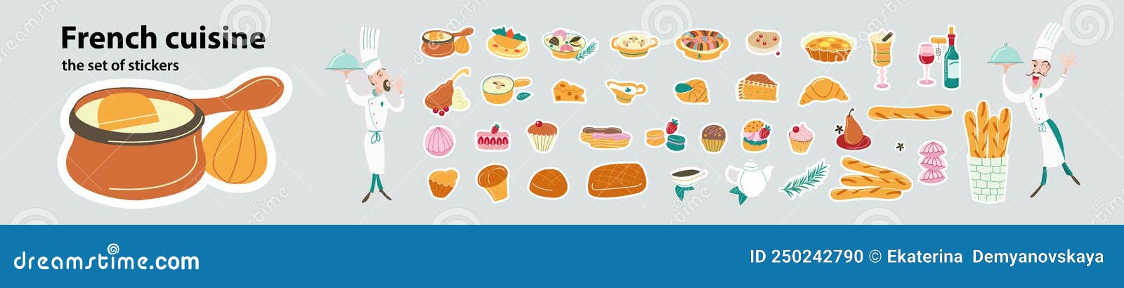 A Set of Vector Stickers of French Dishes and Chef Characters Stock ...