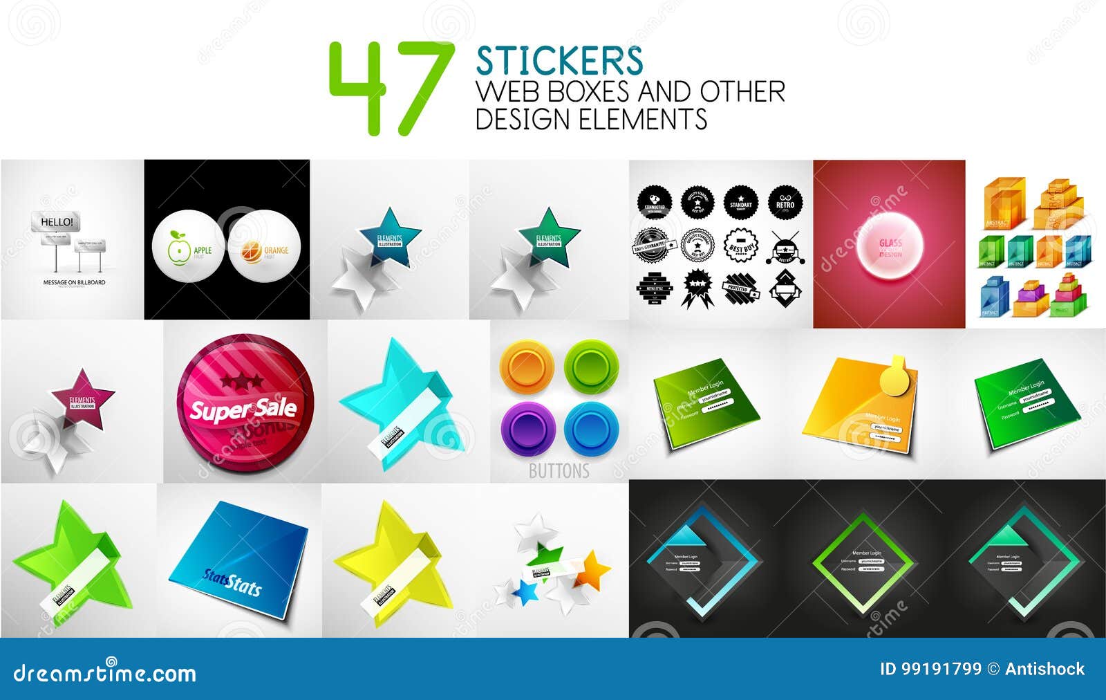 Set of Vector Stickers, Labels, Web Design Interface Elements and Login ...