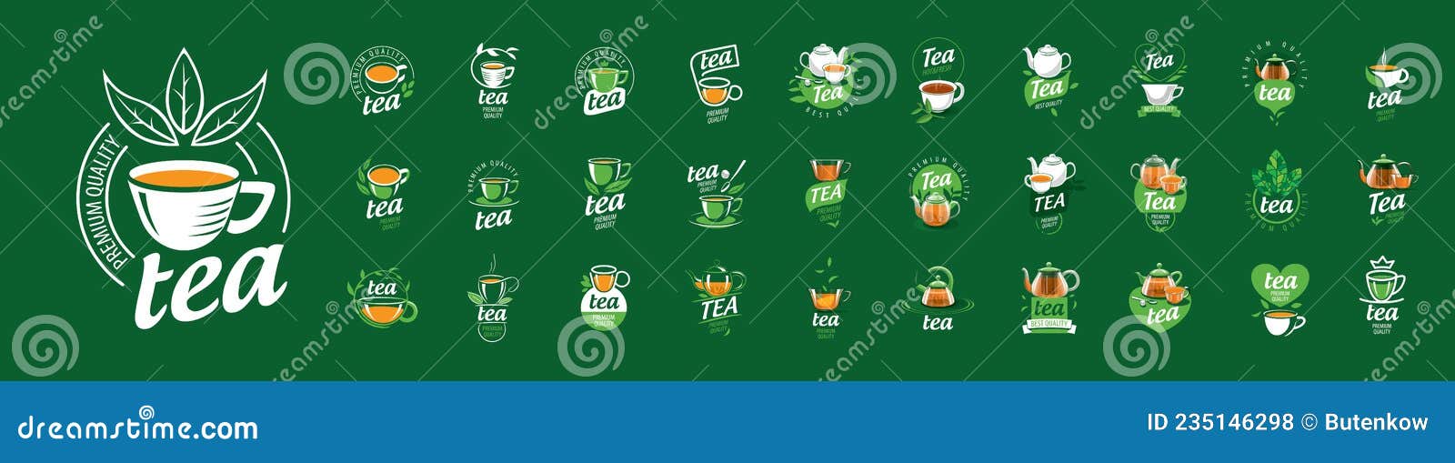 Set of Vector Tea Logos on a Green Background Stock Vector ...