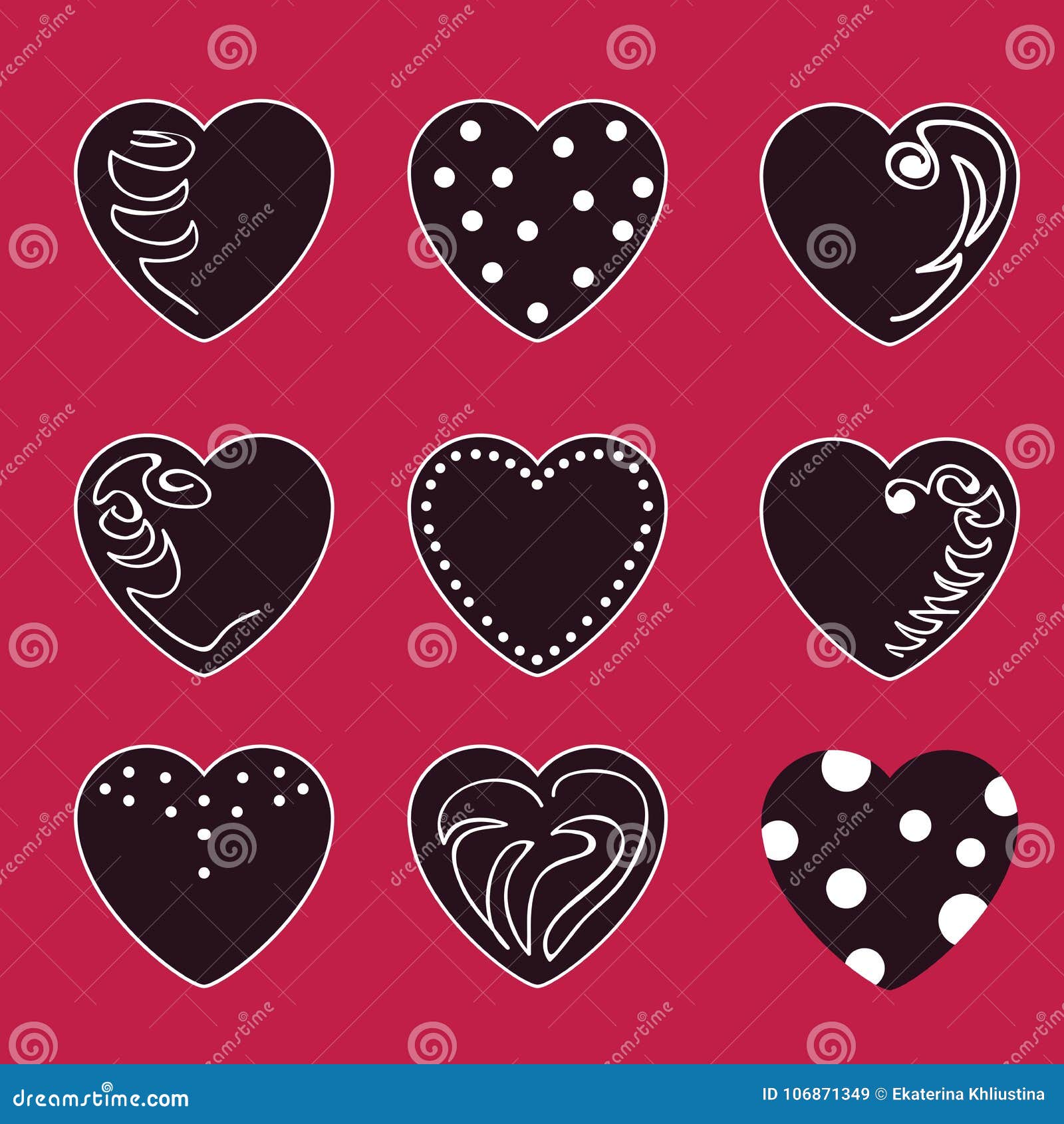 Set of Vector Valentines Made of Nine Hearts. the Main Colors are Black ...