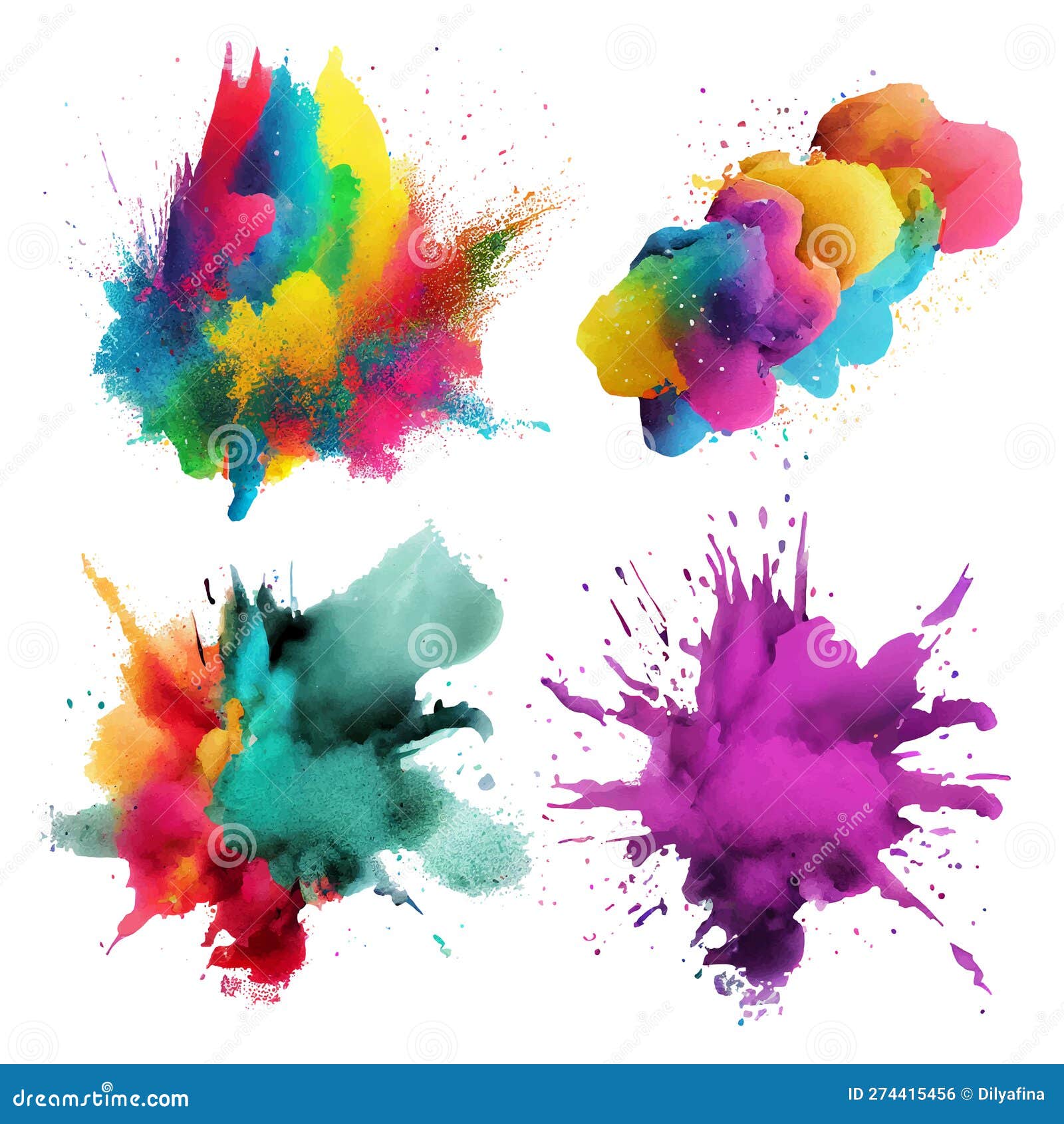 Set Vector Watercolor Illustration of Holi Dust Splash on White Isolate ... Set Vector Watercolor Illustration of Holi Dust Splash on White Isolate ...