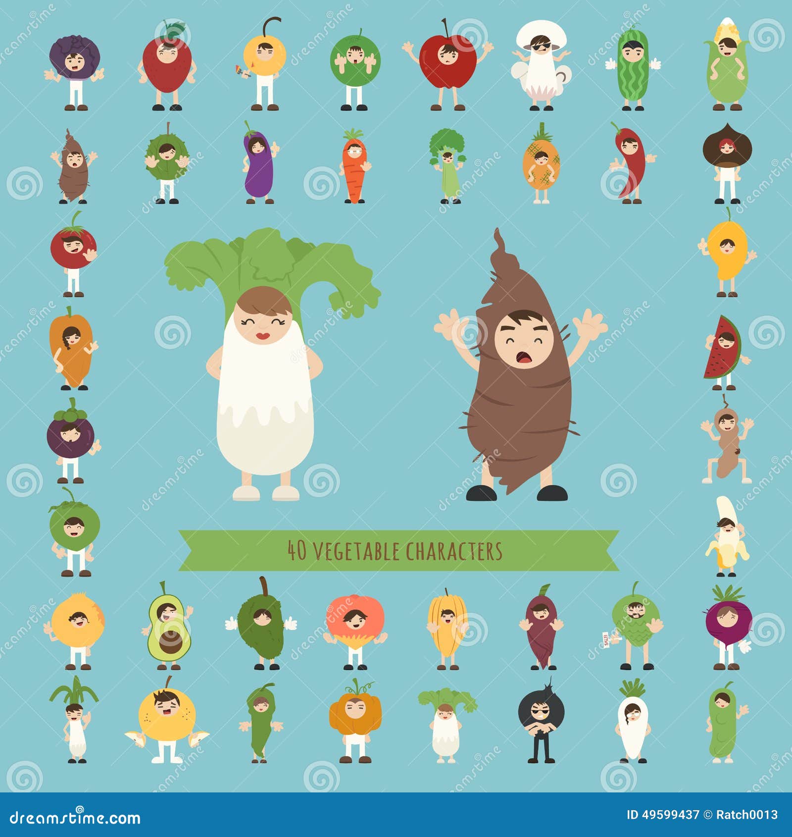 Set of 40 Vegetable Costume Characters Stock Vector - Illustration of ...