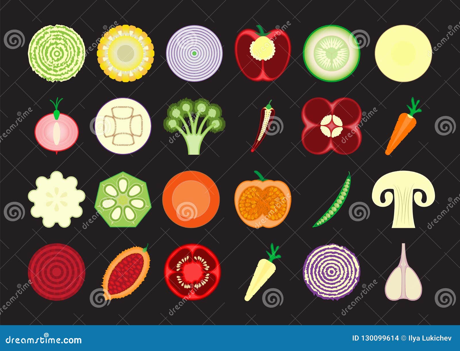 Set Vegetables. Colorful Vegetables Cut in Half, Isolated Stock Vector ...