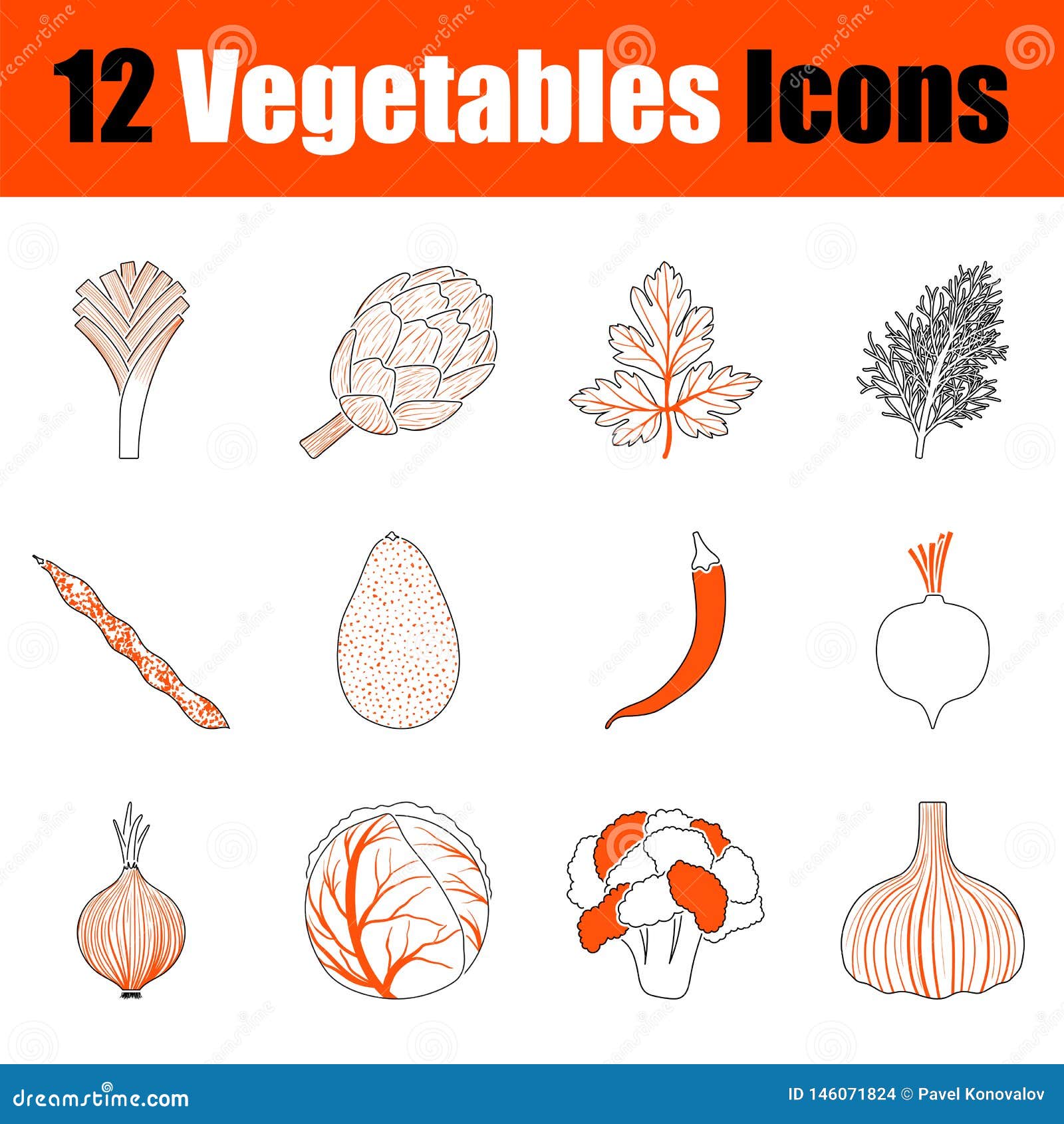 Set of 12 Vegetables Icons stock vector. Illustration of line - 146071824