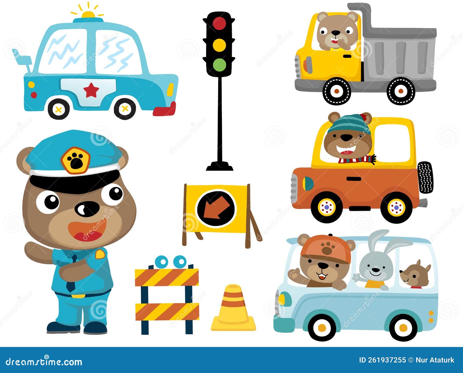 Set of Vehicles Cartoon with Funny Animals Cartoon, Traffic Elements ...