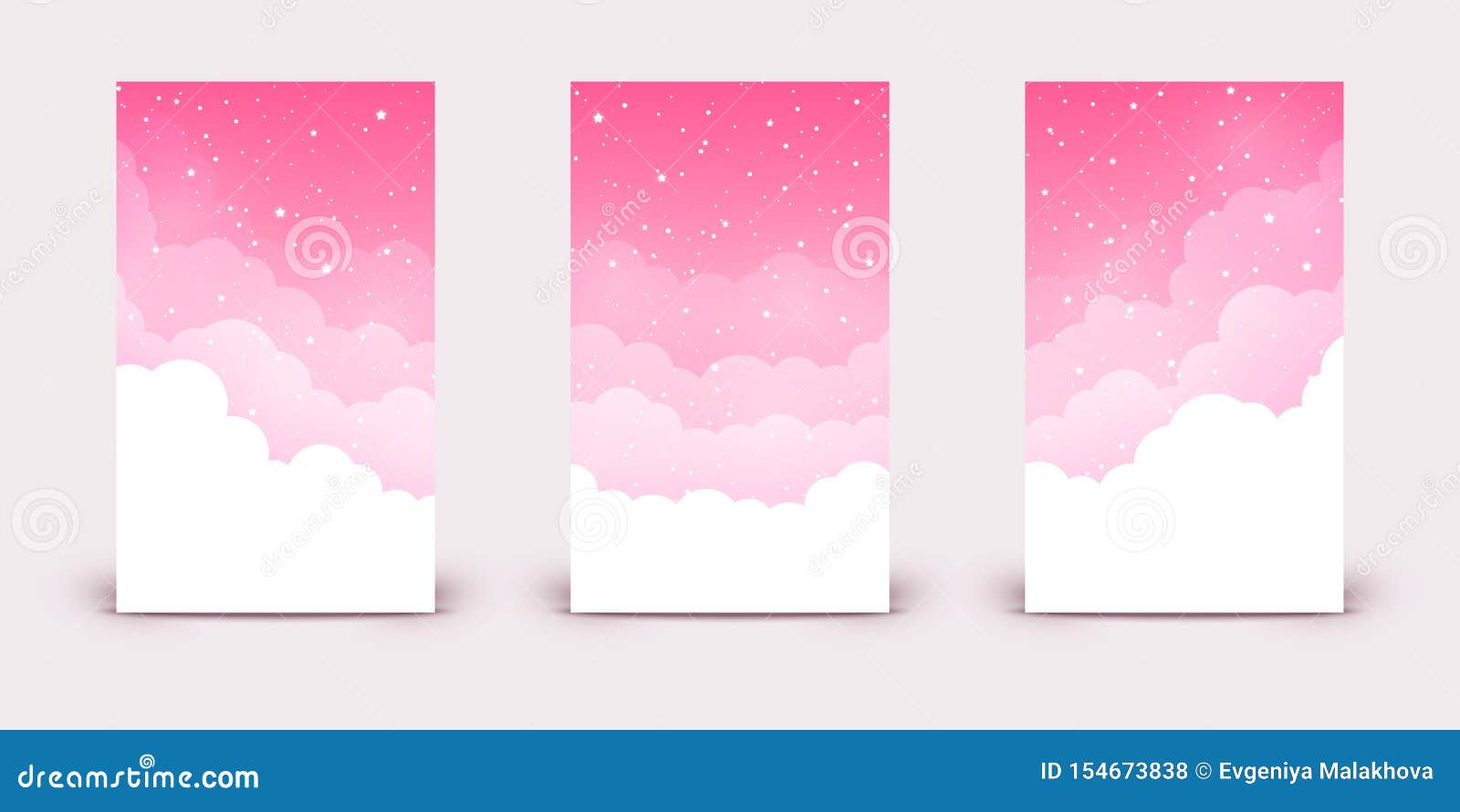 Set of Vertical Banners with Clouds and Shiny Stars on Pink Sky Stock ...