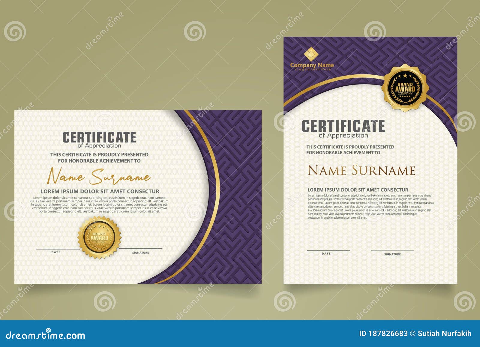Set Vertical and Horizontal Certificate Template with Maze Texture on Curve Ornament and Modern ...