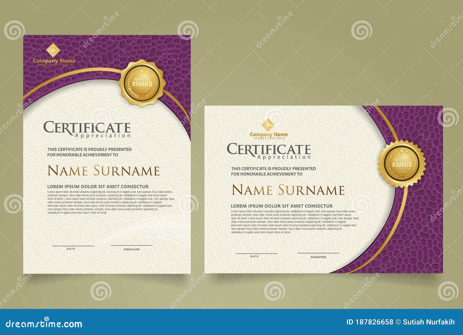 Set Vertical and Horizontal Certificate Template with Organic Rounded Texture on Curve Ornament ...