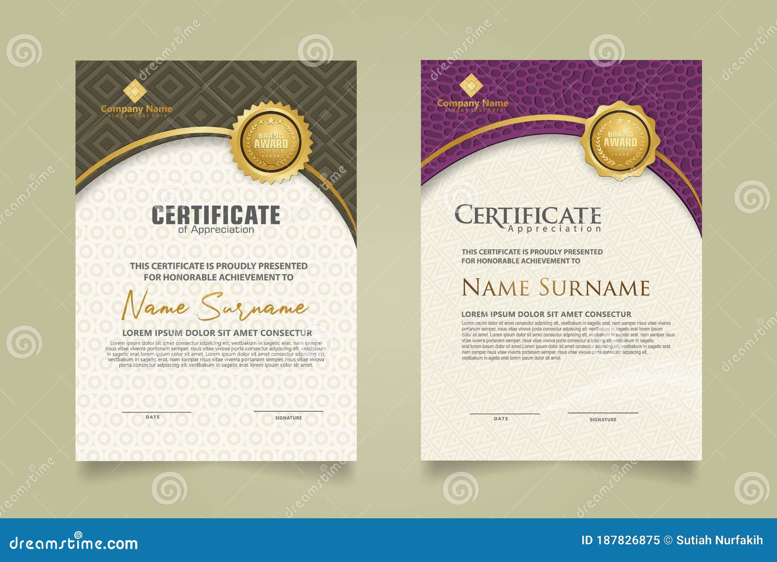Set Vertical and Horizontal Certificate Template with Organic Rounded Texture on Curve Ornament ...