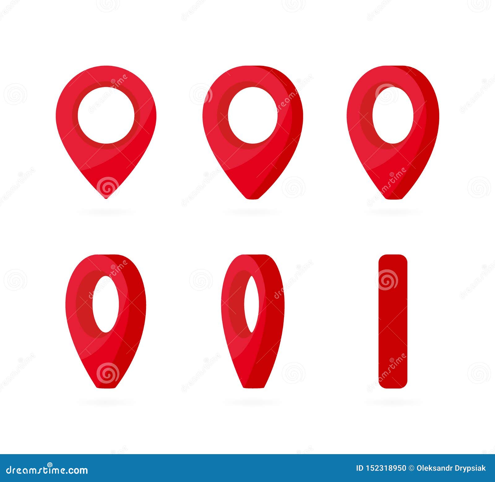 Set Of Vertical Rotation Red Location Marks. Map Pointer 3d Pin. Realistic Location Point Symbol ...