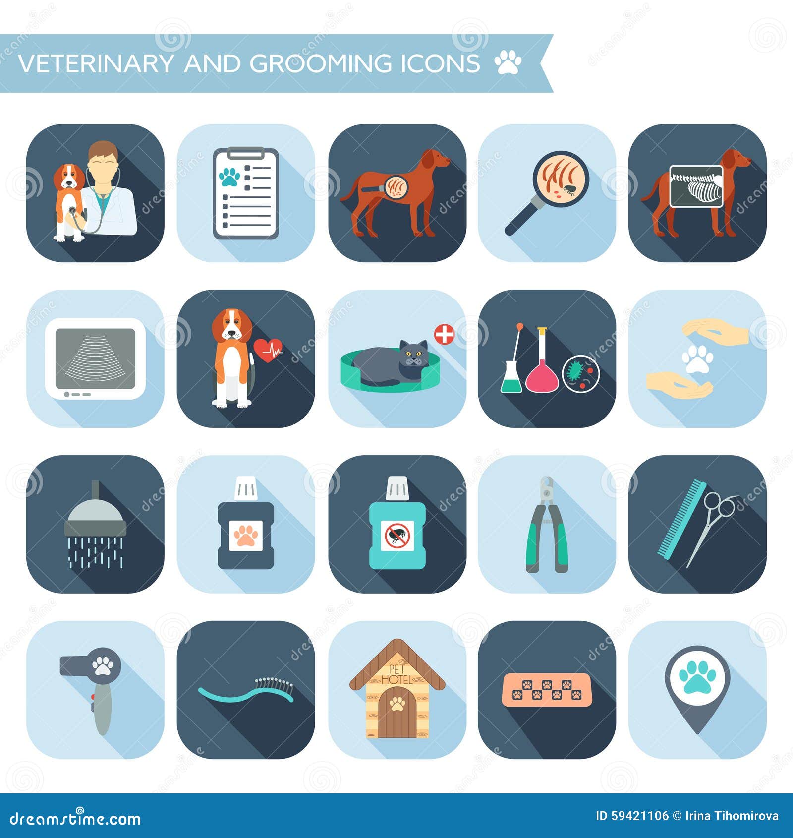 Set of Veterinary and Grooming Icons with Names. Flat Design with ...