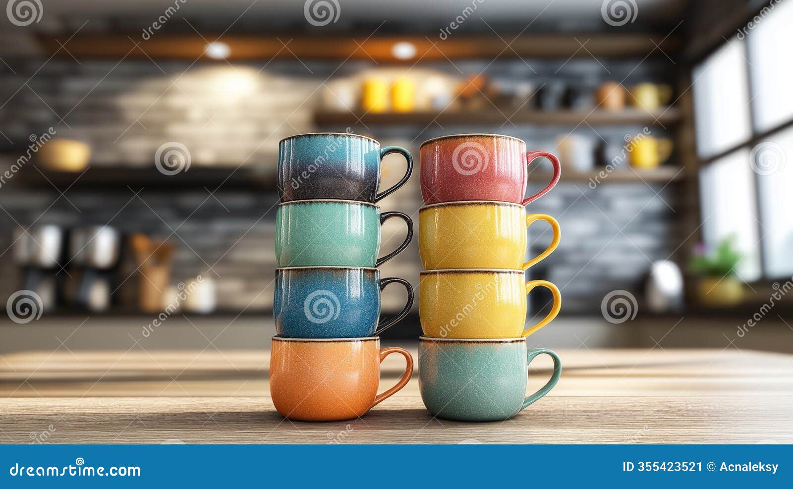Set of Vibrant Ceramic Coffee Mugs, Stacked in a Pyramid, Displayed on ...