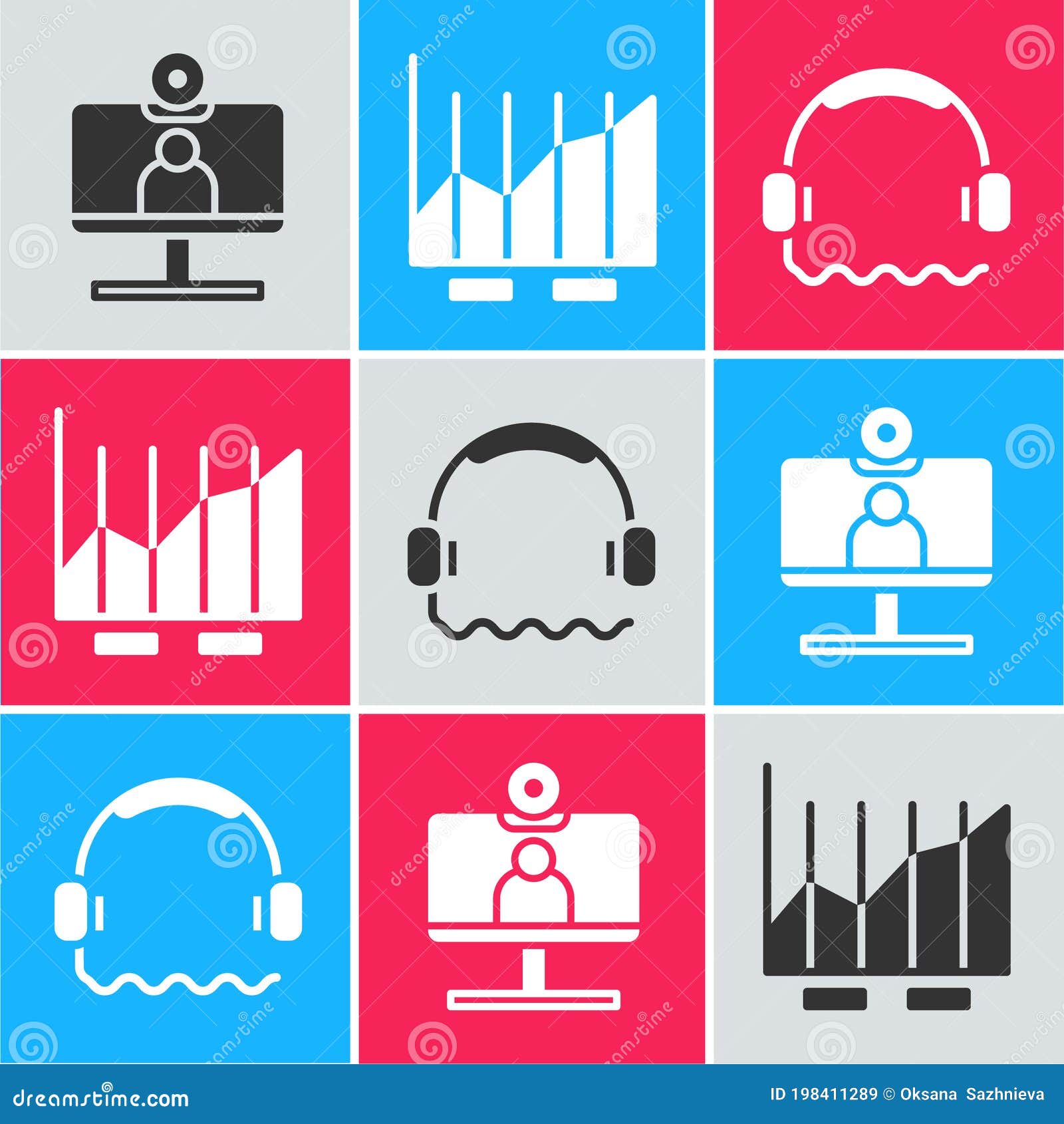 Set Video Chat Conference, Pie Chart Infographic and Headphones Icon ...