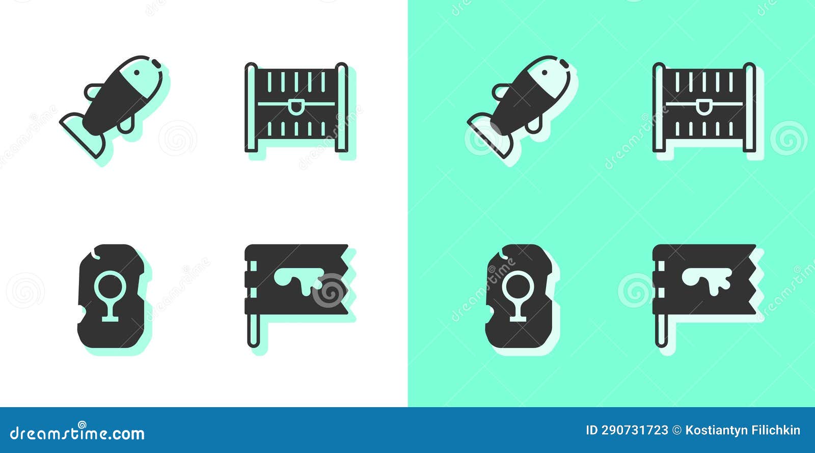 Set Viking Flag, Fish, Magic Rune and Antique Treasure Chest Icon ...