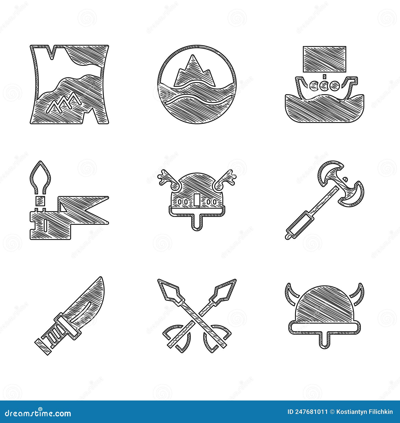 Set Viking in Horned Helmet, Medieval Arrows, Poleaxe, Dagger, Spear ...