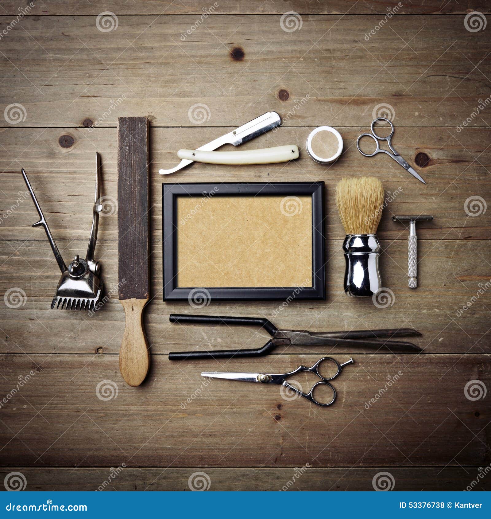 Set of Vintage Barber Shop Tools with Picture Frame Stock Photo - Image ...