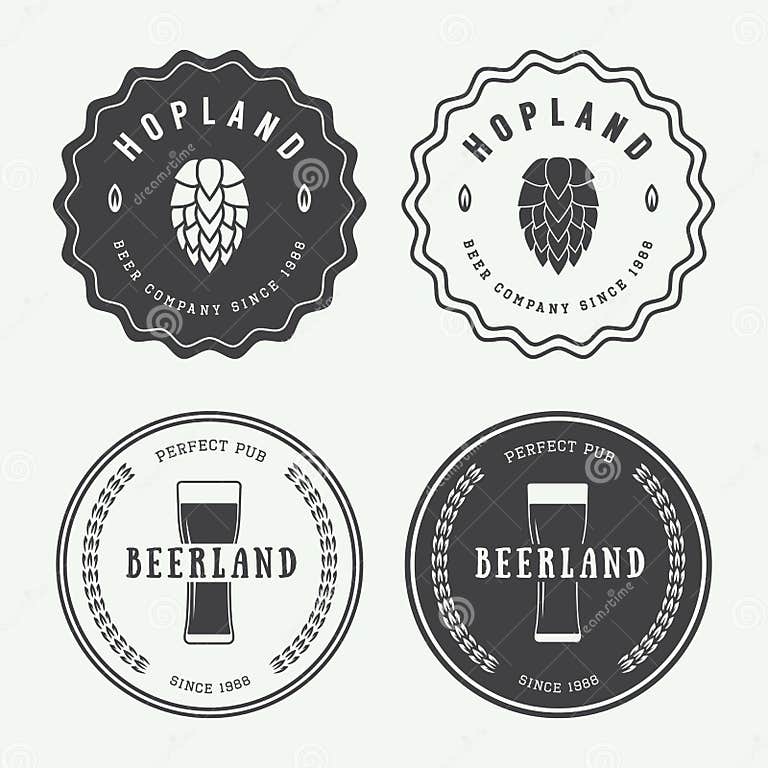Set of Vintage Beer and Pub Logos, Labels and Emblems with Bottles ...