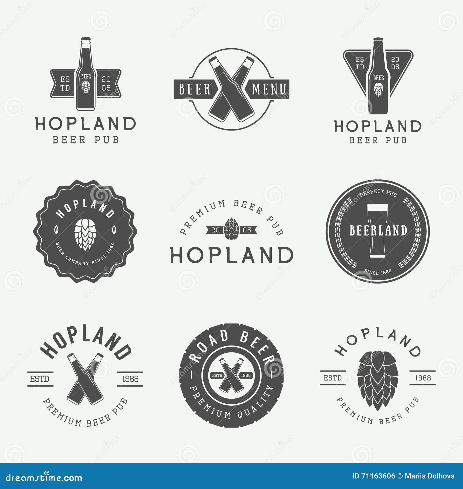 Set Of Vintage Beer And Pub Logos, Labels And Emblems With Bottles ...