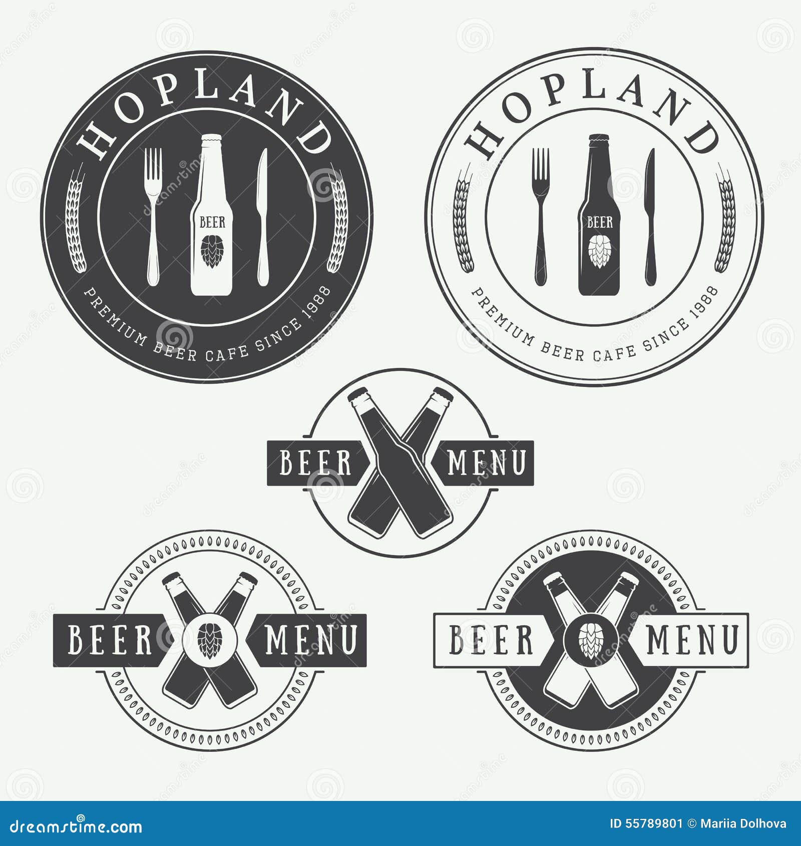 Set of Vintage Beer and Pub Logos, Labels and Emblems with Bottles ...