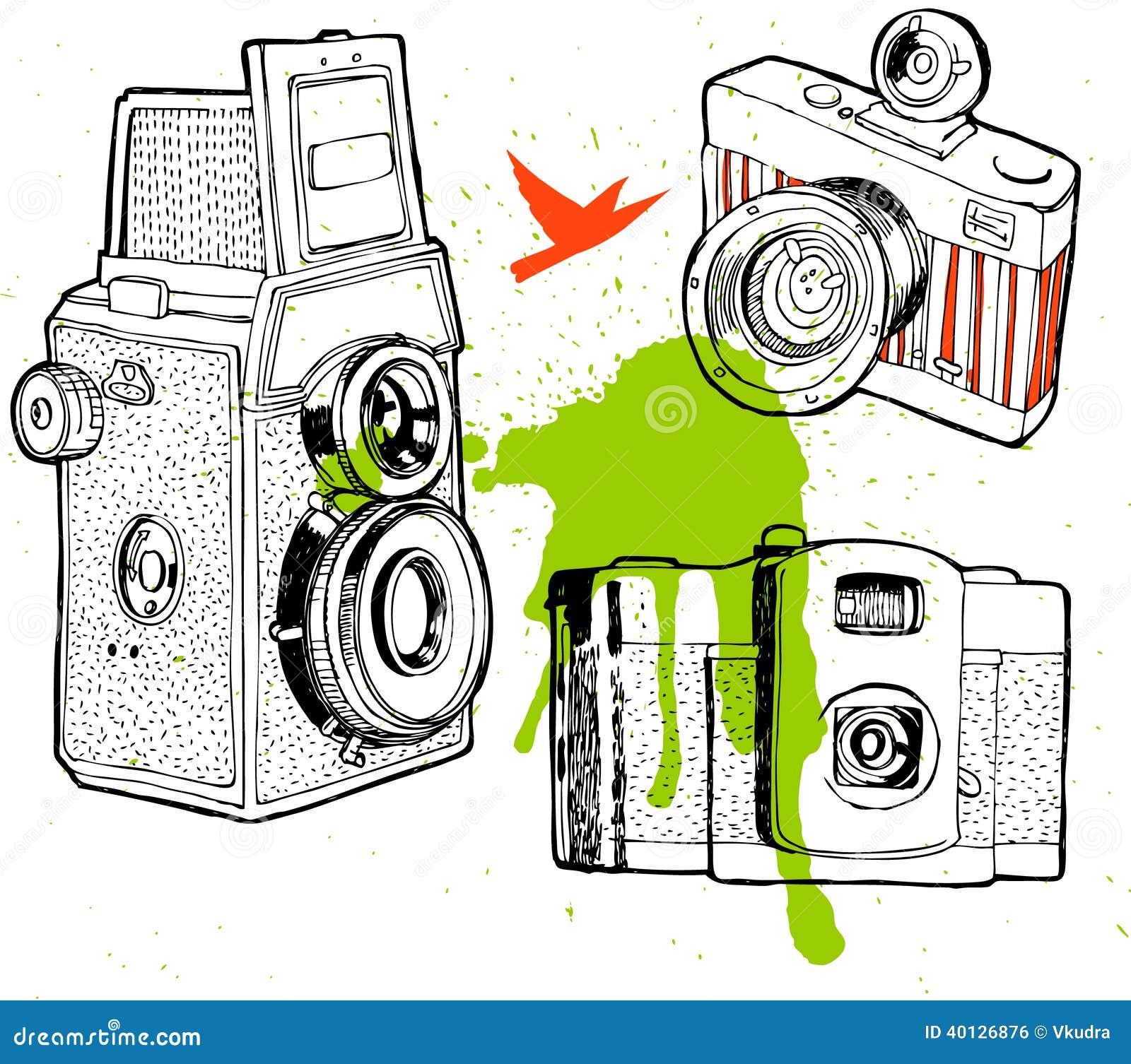 A Set of Vintage Cameras, Hand-drawn. Stock Illustration - Illustration ...