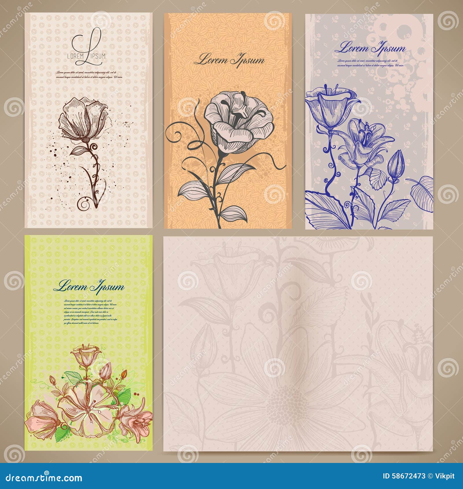 Set of Vintage Cards with Flowers, the Pattern Inside of the Card Stock ...
