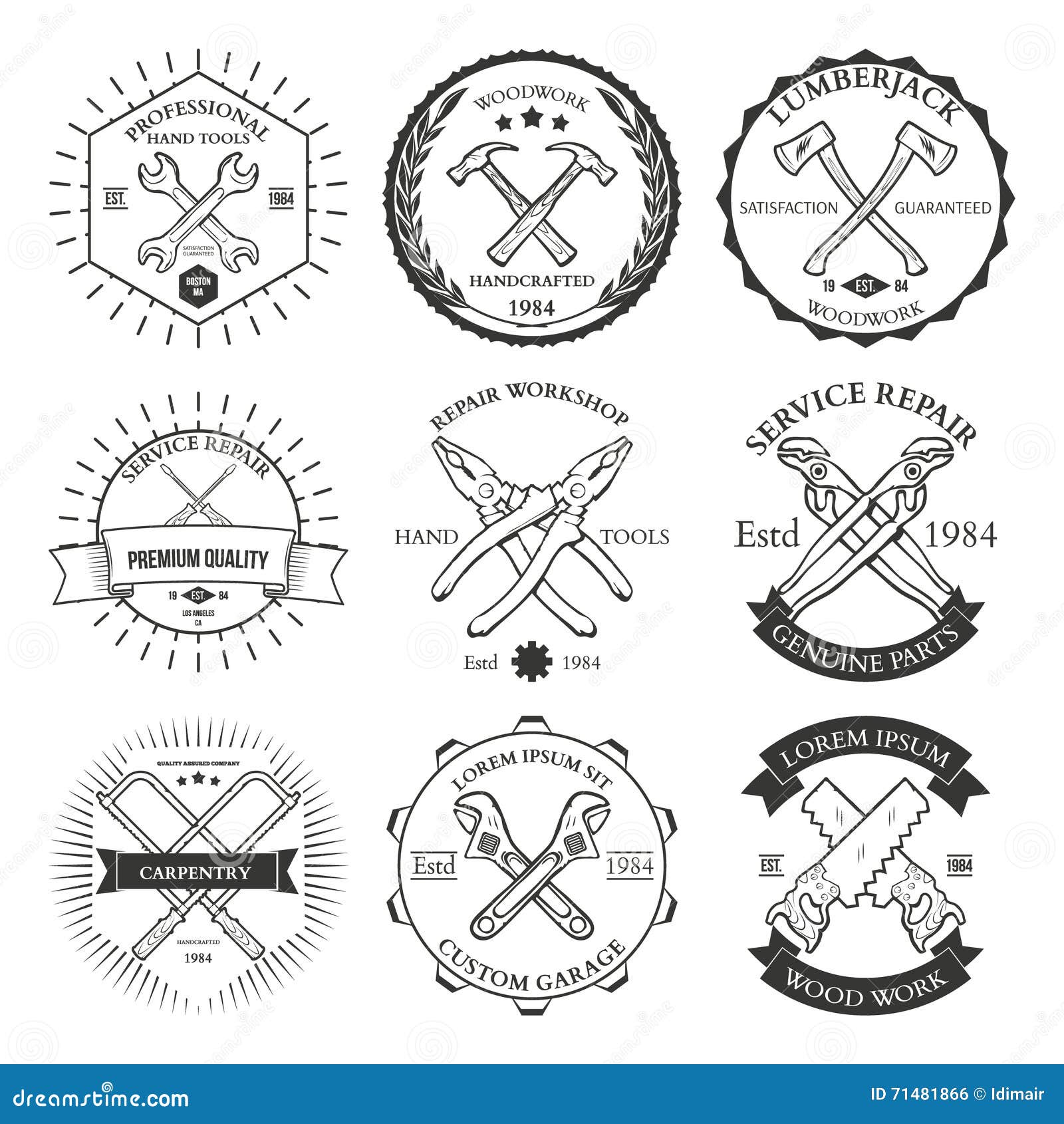 Set of Vintage Carpentry Hand Tools, Repair Service, Labels and Design ...