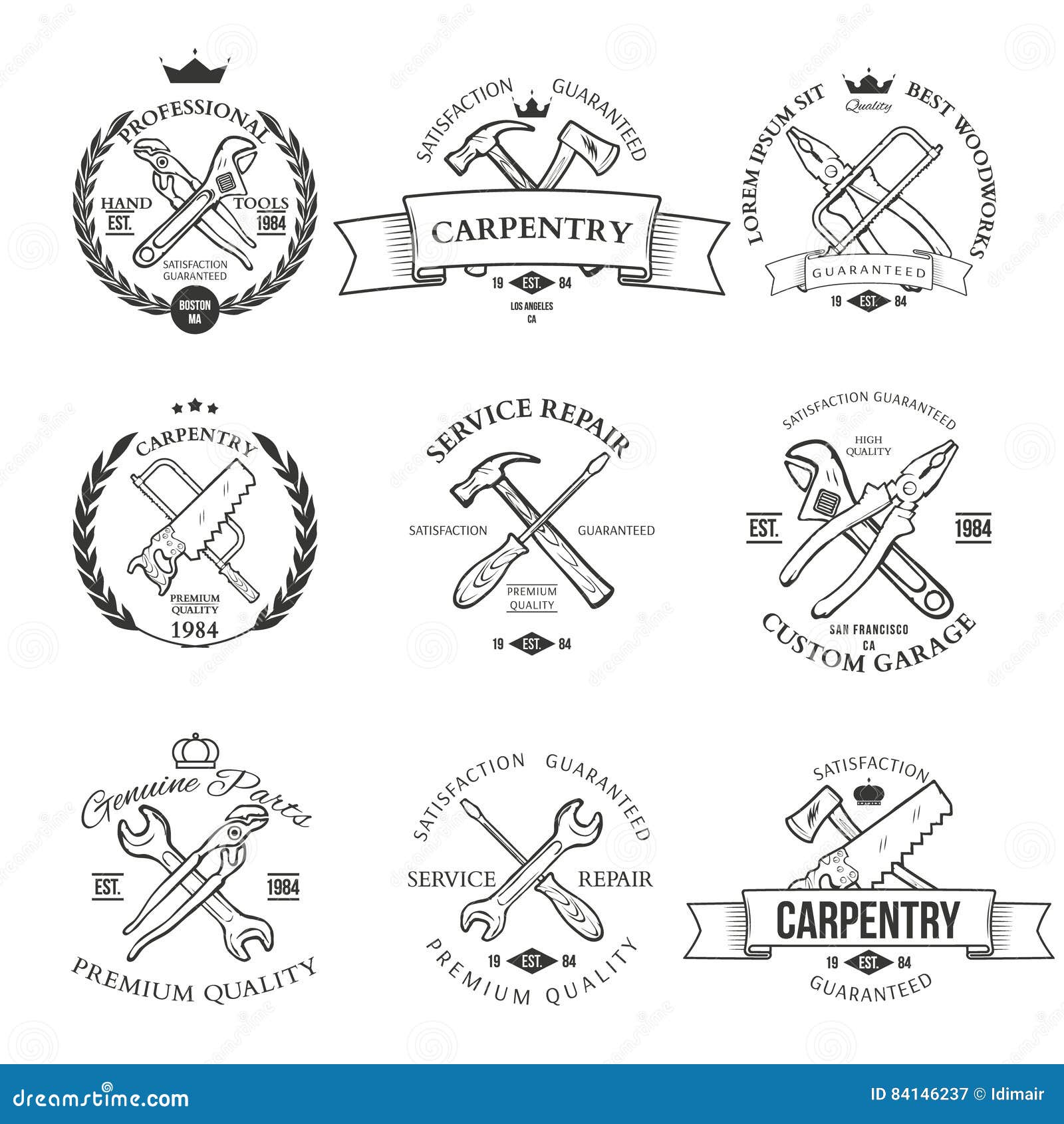 Set of Vintage Carpentry Hand Tools, Repair Service, Labels and Design ...