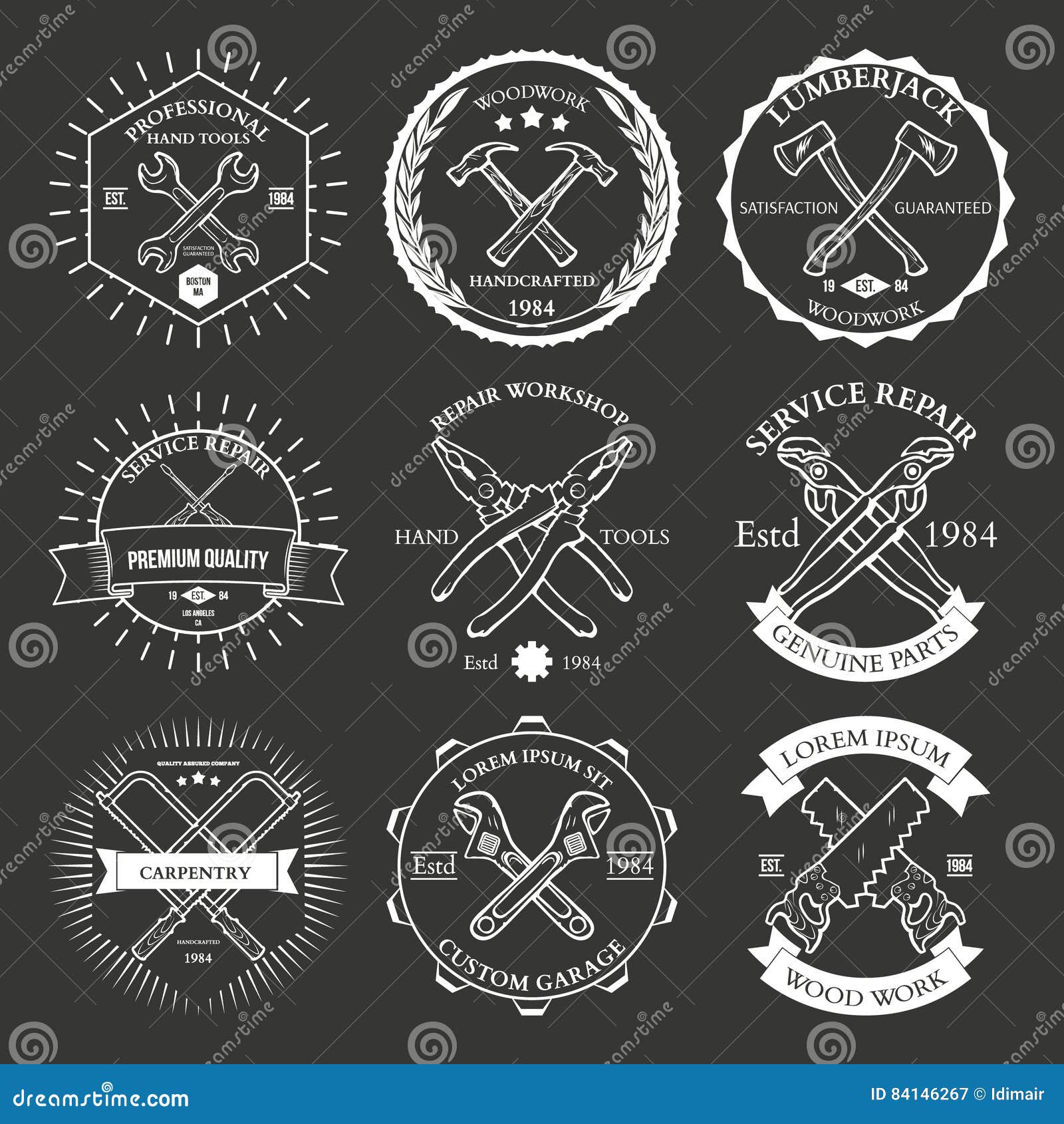 Set of Vintage Carpentry Hand Tools, Repair Service, Labels and Design ...