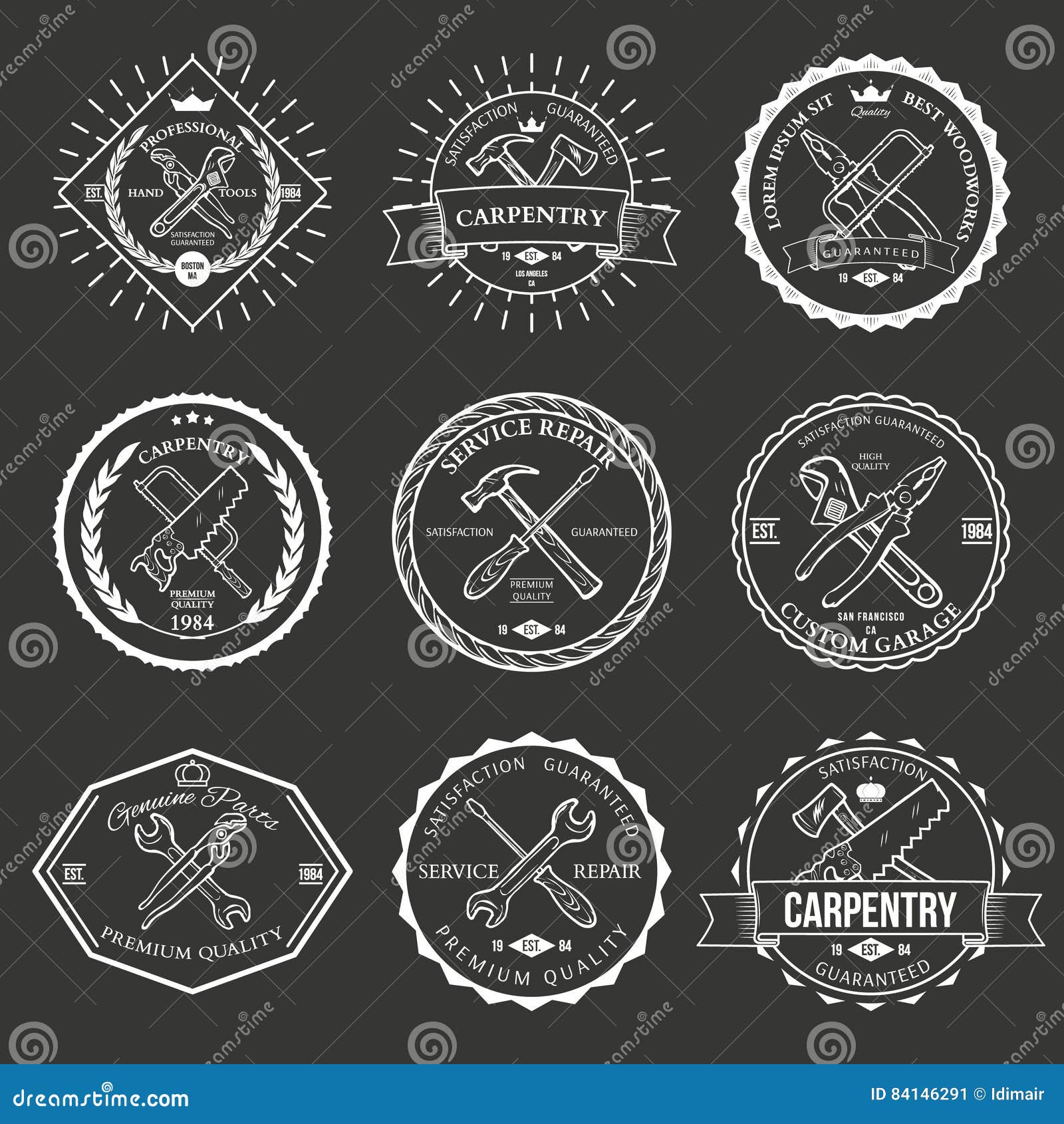 Set of Vintage Carpentry Hand Tools, Repair Service, Labels and Design ...