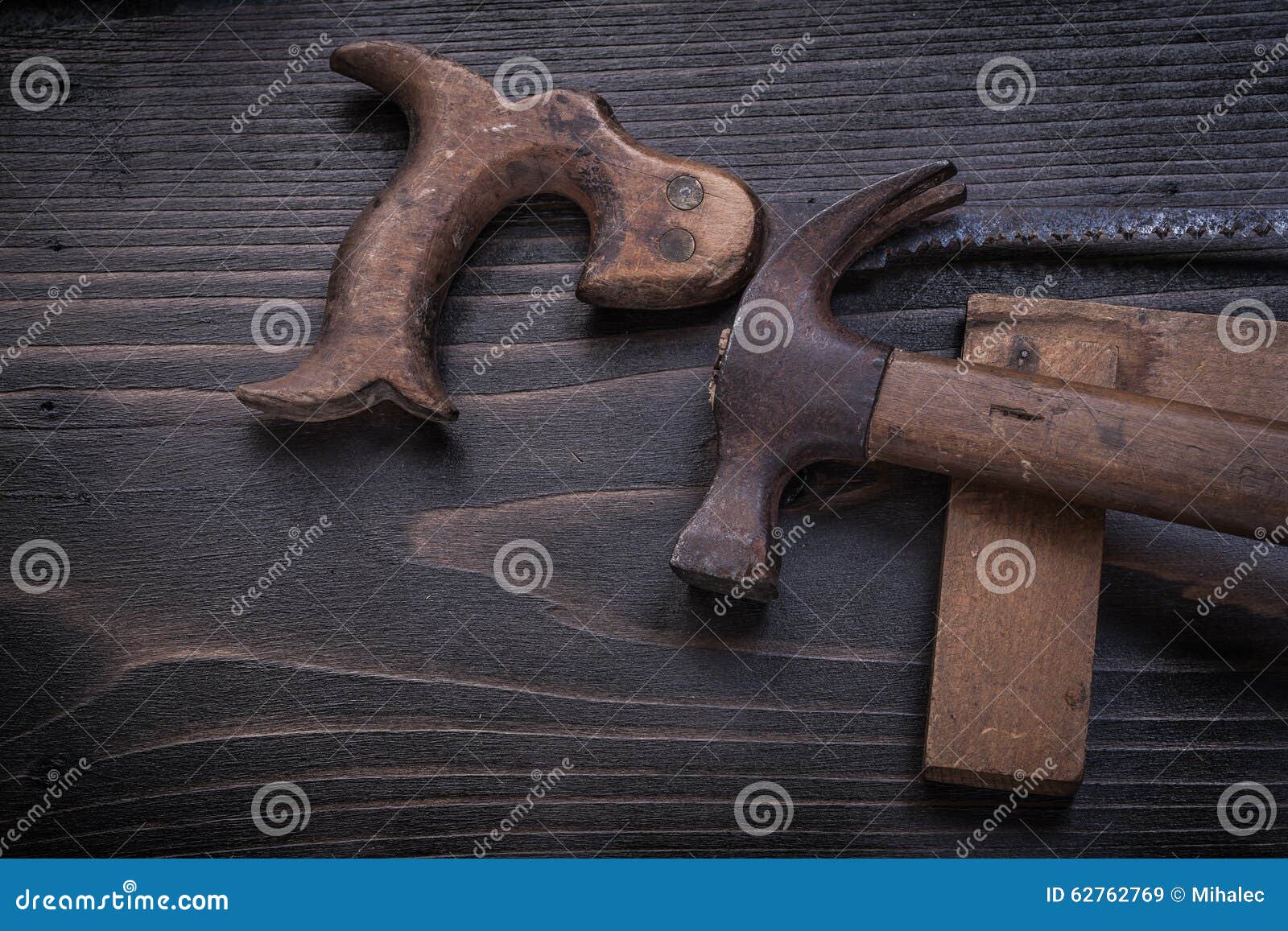 Set of Vintage Claw Hammer Square Ruler and Hand Stock Image - Image of ...