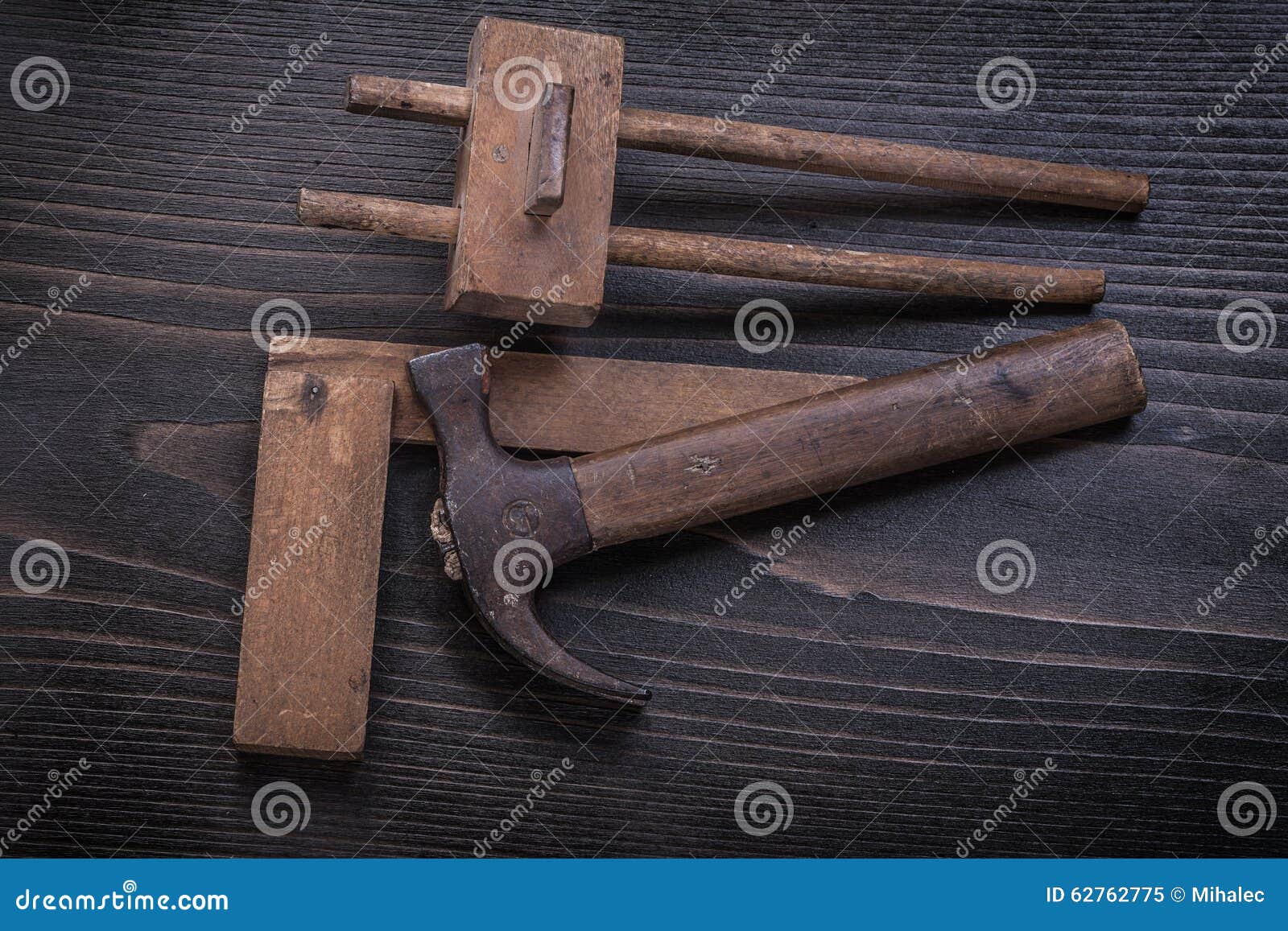 Set of Vintage Claw Hammer Square Ruler and Stock Image - Image of ...