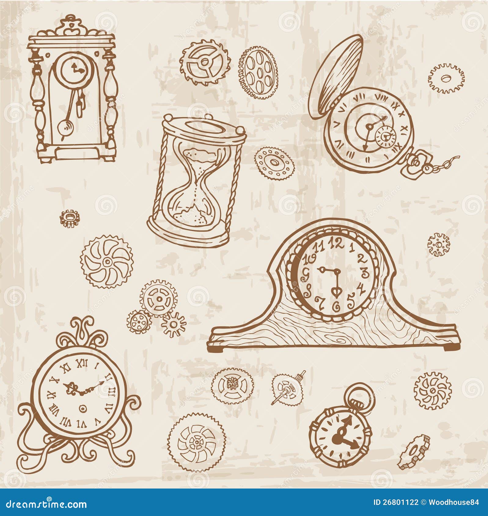 Set of Vintage Doodle Clock Stock Vector - Illustration of scrap, gear ...