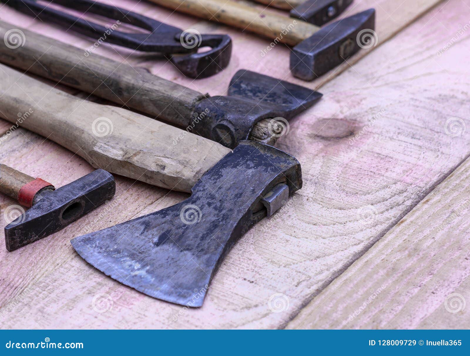 Set of Vintage Hand Construction Tools on a Wooden Background Stock ...