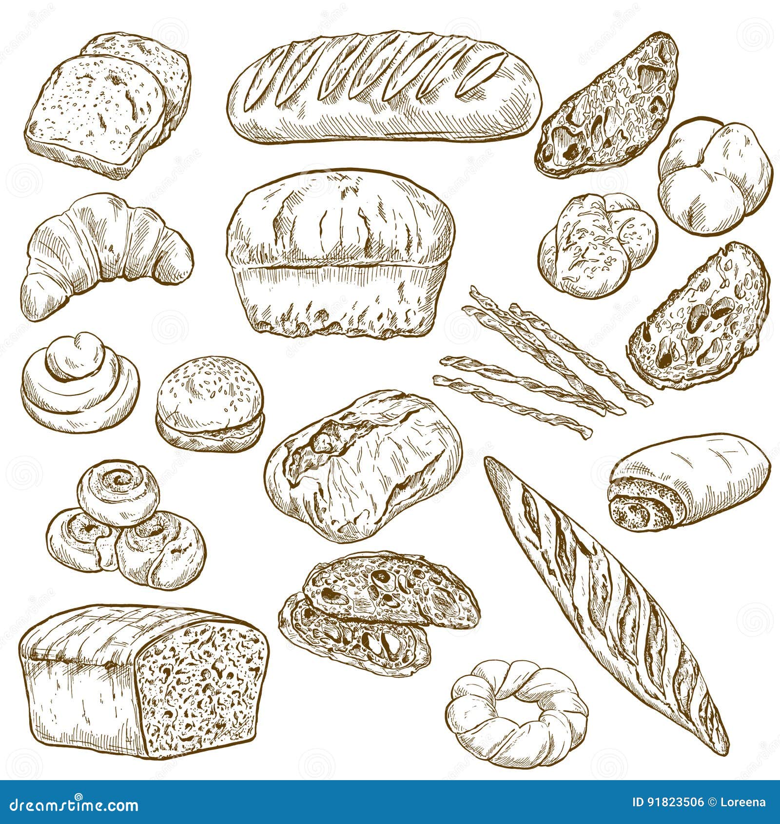 Set of Vintage Hand Drawn Bakery Elements Stock Vector - Illustration of flour, hand: 91823506