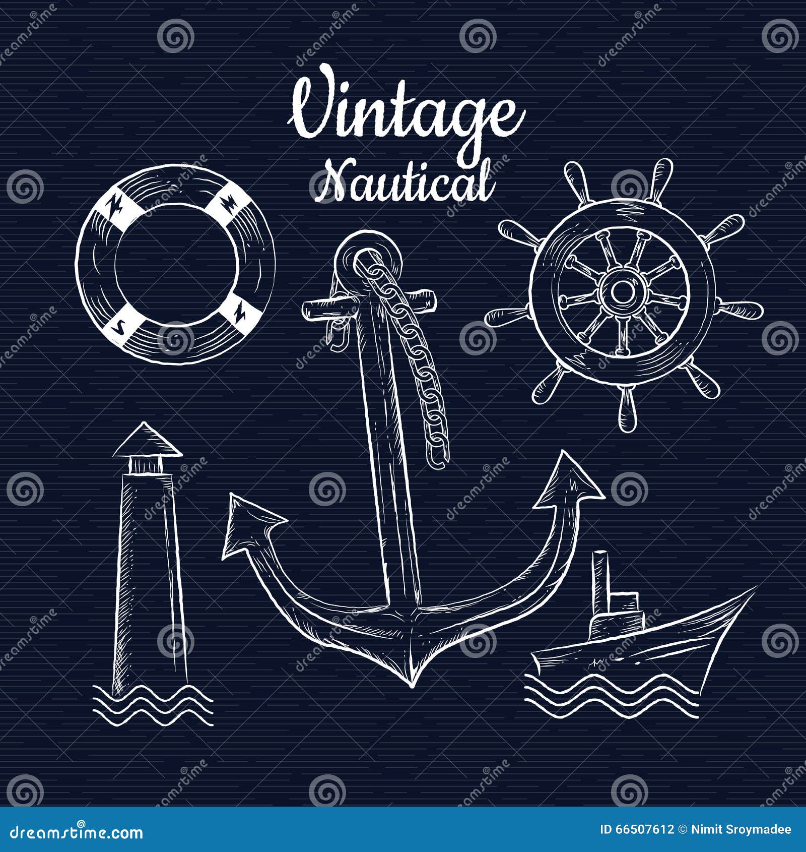 Set Vintage Hand Drawn Nautica Vector Stock Vector - Illustration of ...