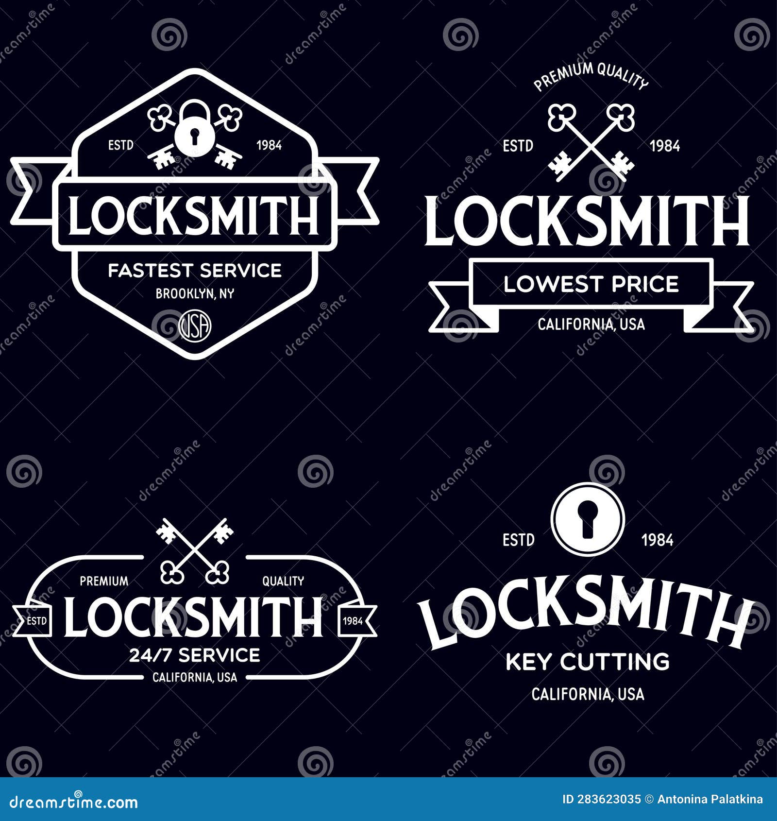 Set of Vintage Locksmith Logo, Retro Styled Key Cutting Service Emblems ...