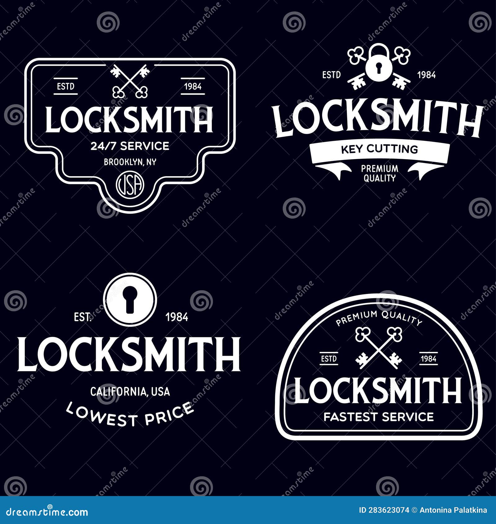 Set of Vintage Locksmith Logo, Retro Styled Key Cutting Service Emblems ...
