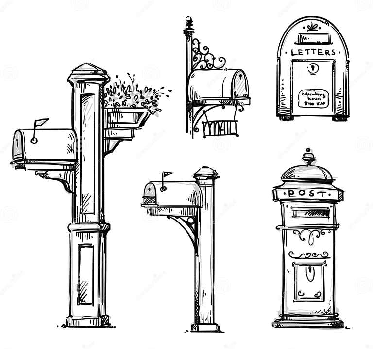 Set of Vintage Mailboxes, Post Mounted Mailbox Vector Sketch Stock ...