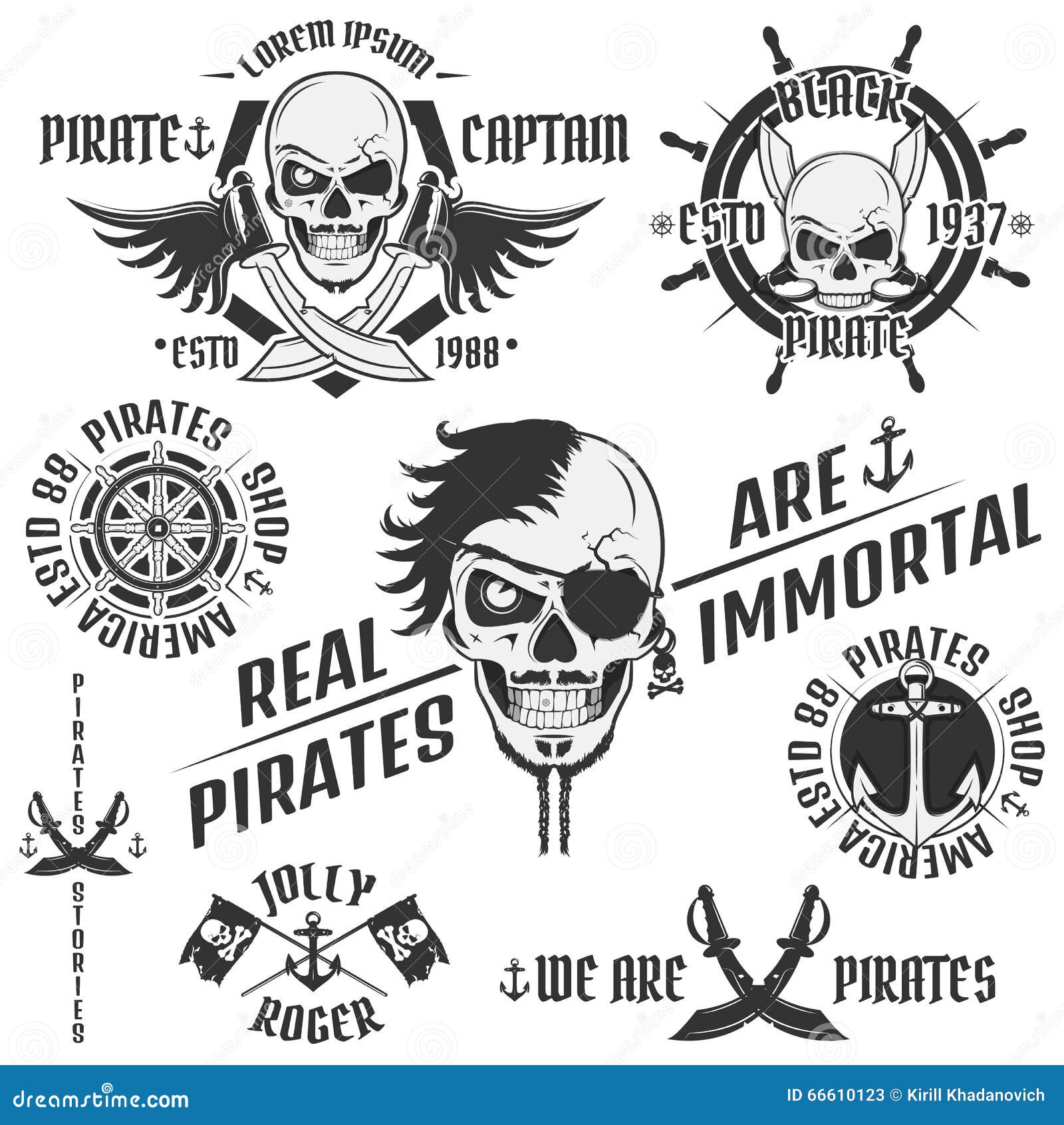 Set of Vintage Pirate Emblems, Tattoo, Icon, Tee Shirt Stock Vector ...