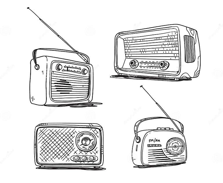 Set of Vintage Radios, Vector Line Drawing Stock Vector - Illustration ...