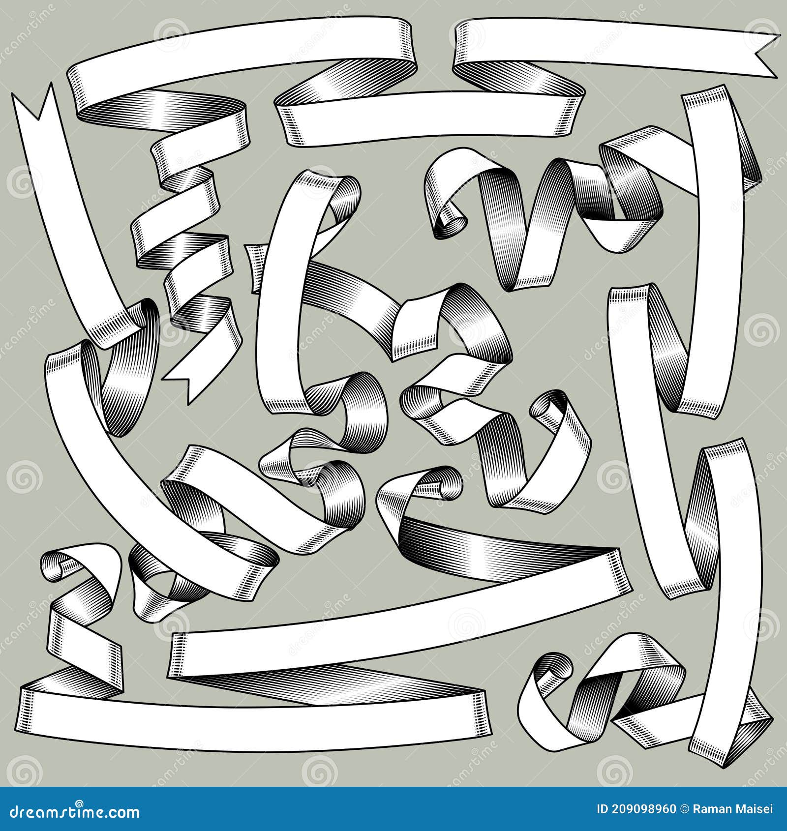 Set of Vintage Ribbons in Engraving Drawing Style Stock Vector ...