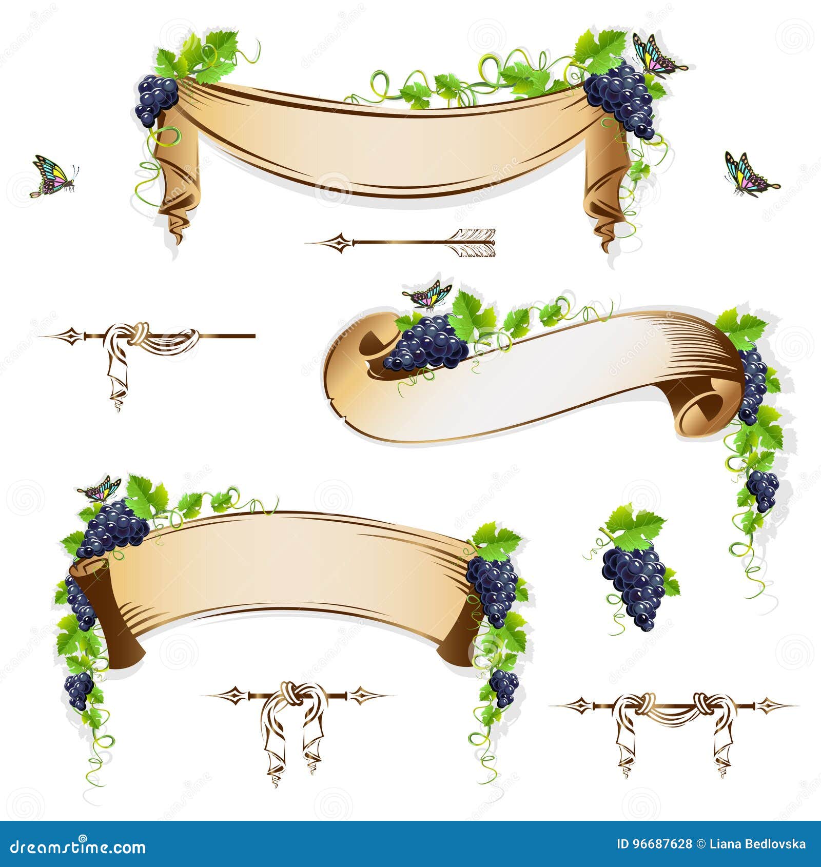 Set of Vintage Ribbons with Grapes Stock Vector - Illustration of ...