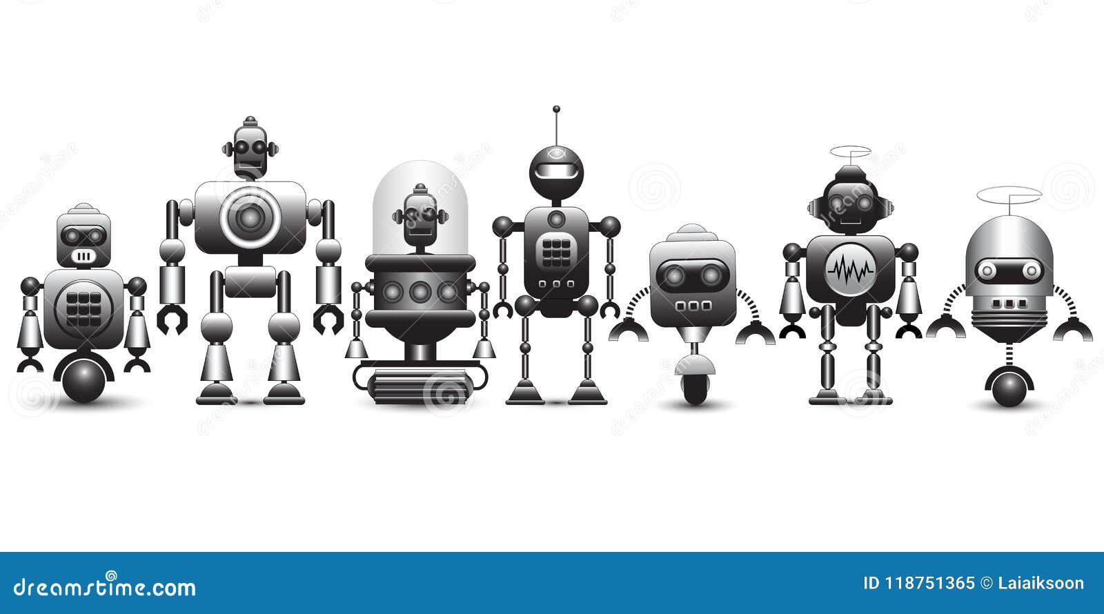 Set of Vintage Robot Characters Stock Vector - Illustration of future ...