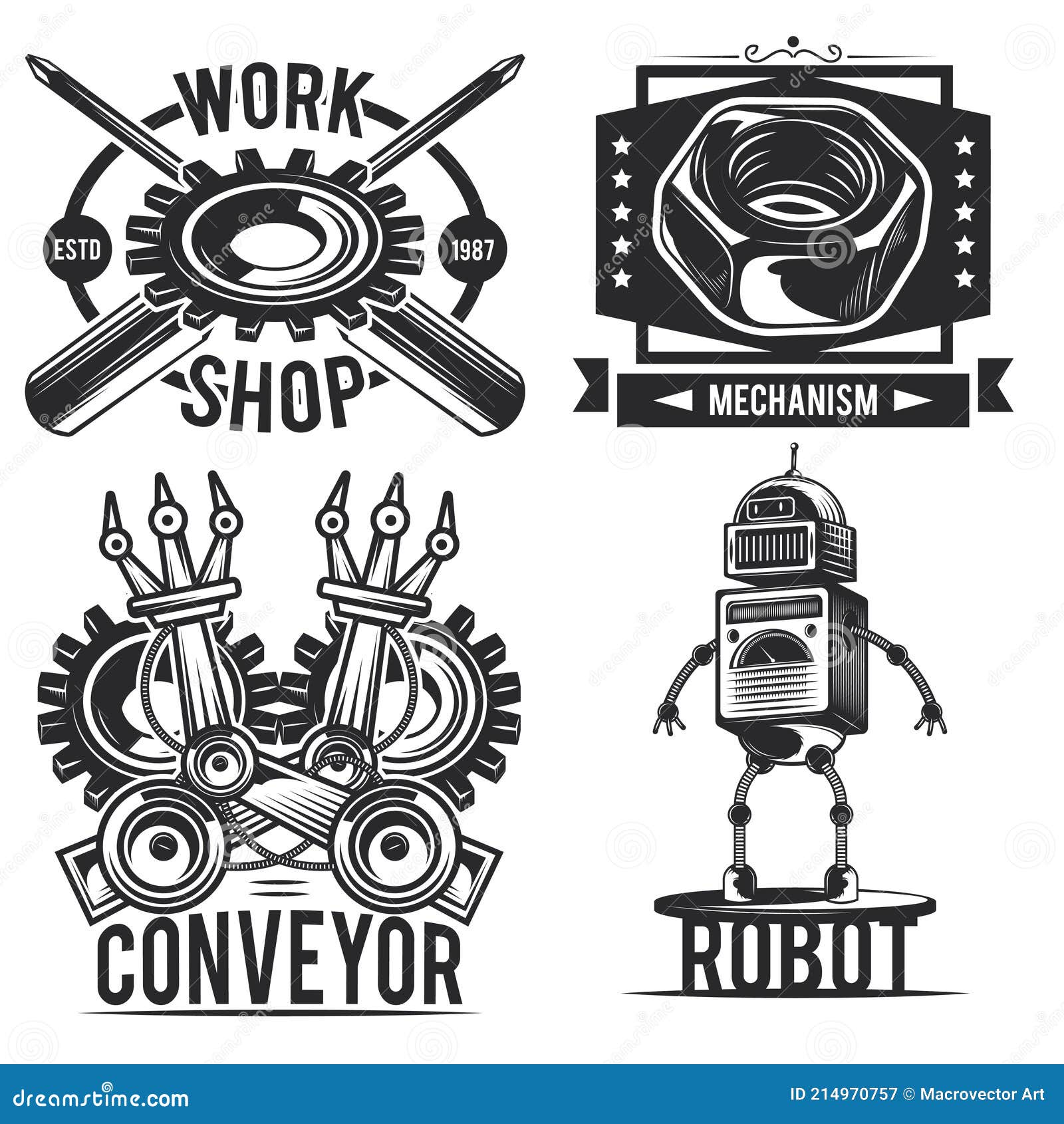 Set of Vintage Robot Emblems, Labels, Badges, Logos. Isolated on White ...