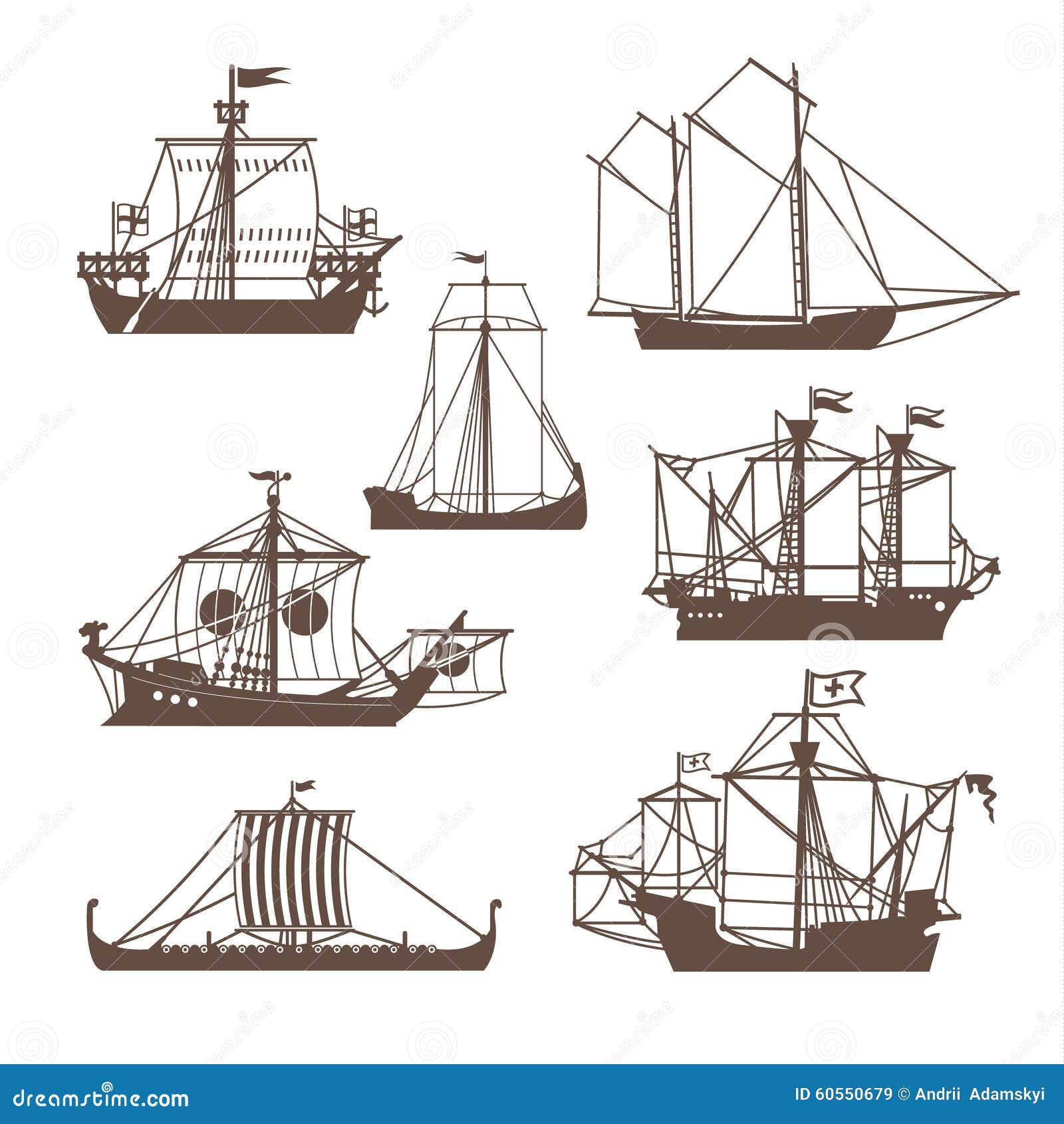 Set of Vintage Sailing Ships Stock Vector - Illustration of cruise ...